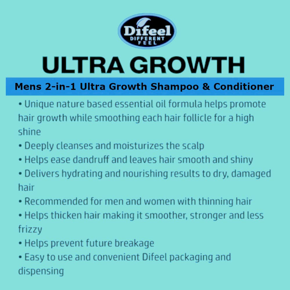 Difeel Mens Ultra Growth 2-in-1 Shampoo and Conditioner 12 oz. - Sulfate Free Shampoo & Conditioner for Men
