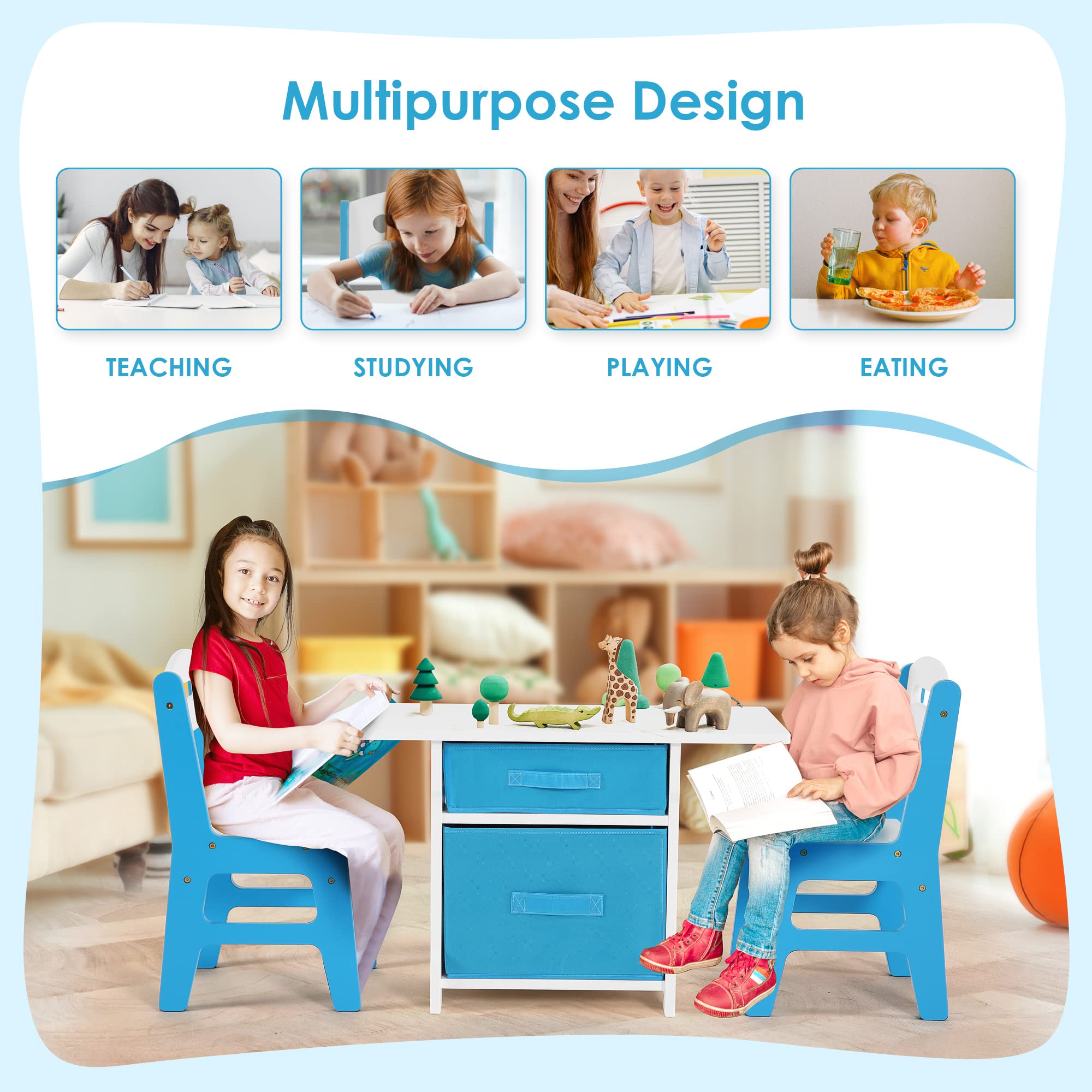 Bateso Kids Table & Chair Set, Toddler Table and Chairs Set with Storage, Kids Table and 2 Chairs with Storage for Learning, Teaching, Eating, Playing, Kindergarten, Living Room