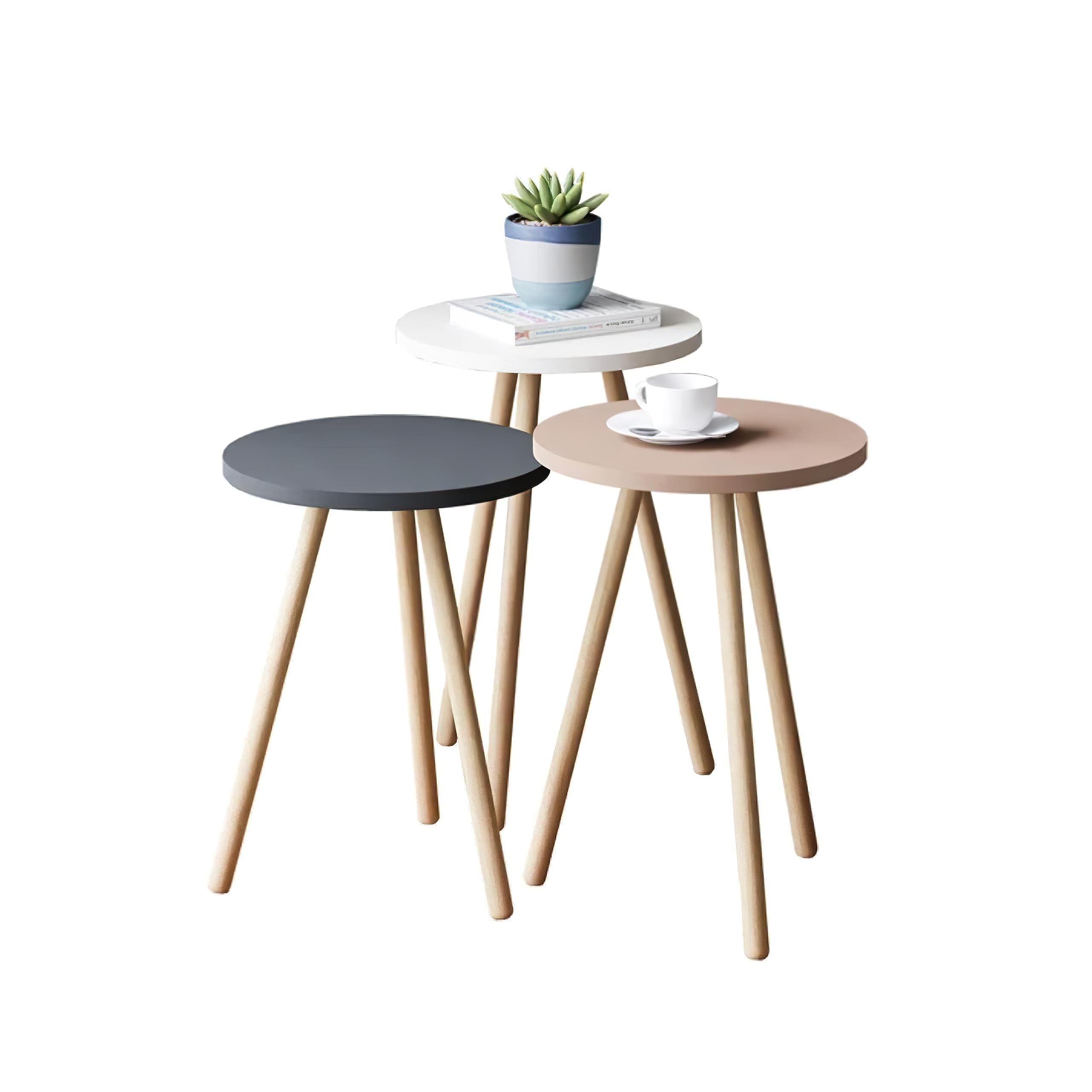 Round Nesting Coffee Table Set of 3: Space Saver, Stackable Mid Century Modern Side End Tables, Ideal for Compact Living Rooms with Pastel Decor