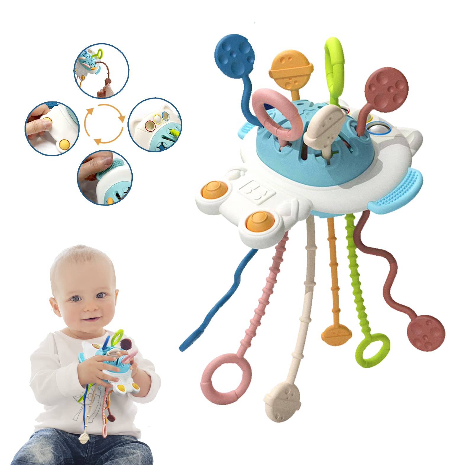 Baby Sensory Toys for Toddlers 1-3 - Multifunctional Pop Up Baby Toys, UFO Pull String Toy for Developing Sensory Perception，The Best Interactive Toys for Babies