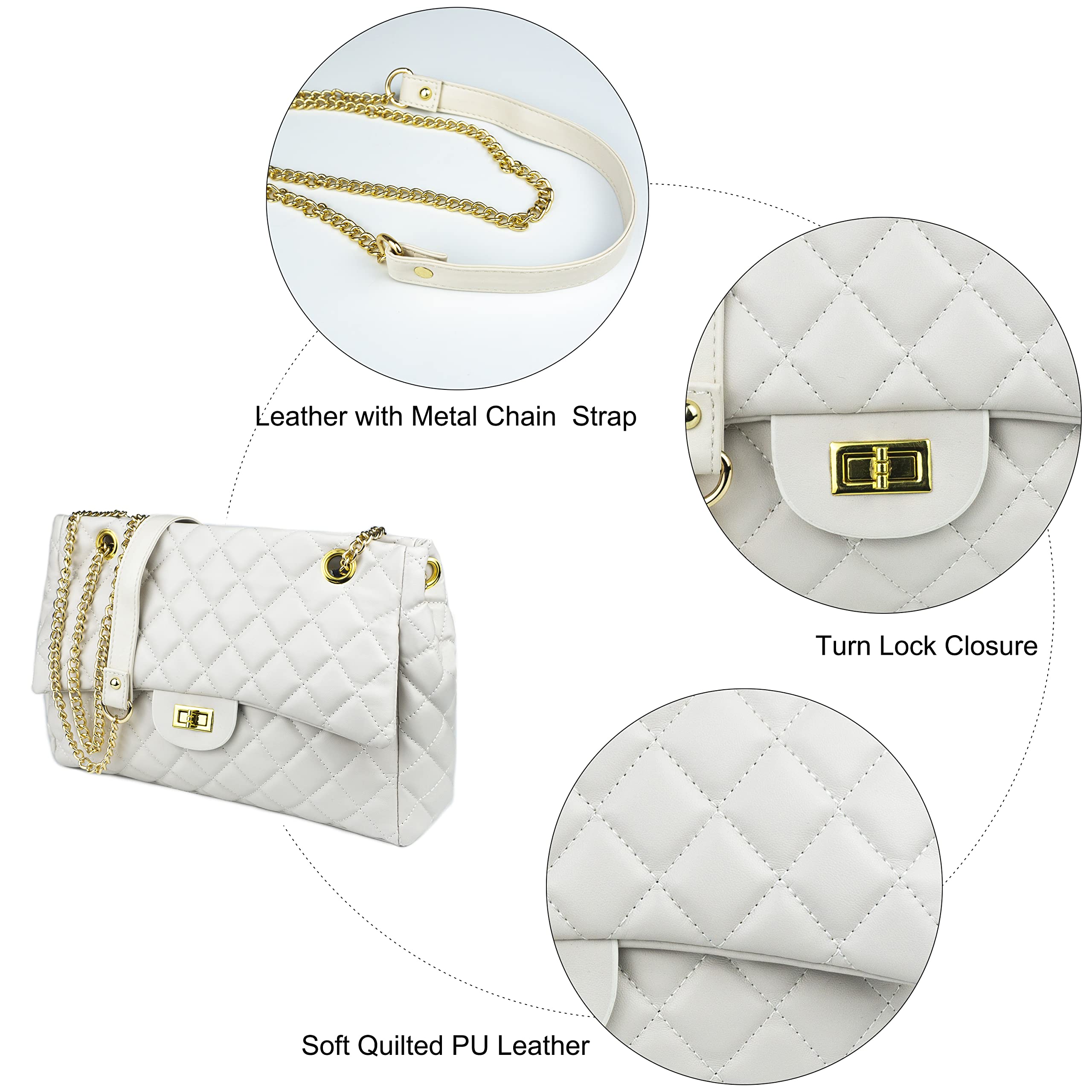 Rejolly Quilted Shoulder Bags for Women PU Leather Ladies Crossbody Handbag Stylish Envelope Purse with Chain Strap (Cream White)