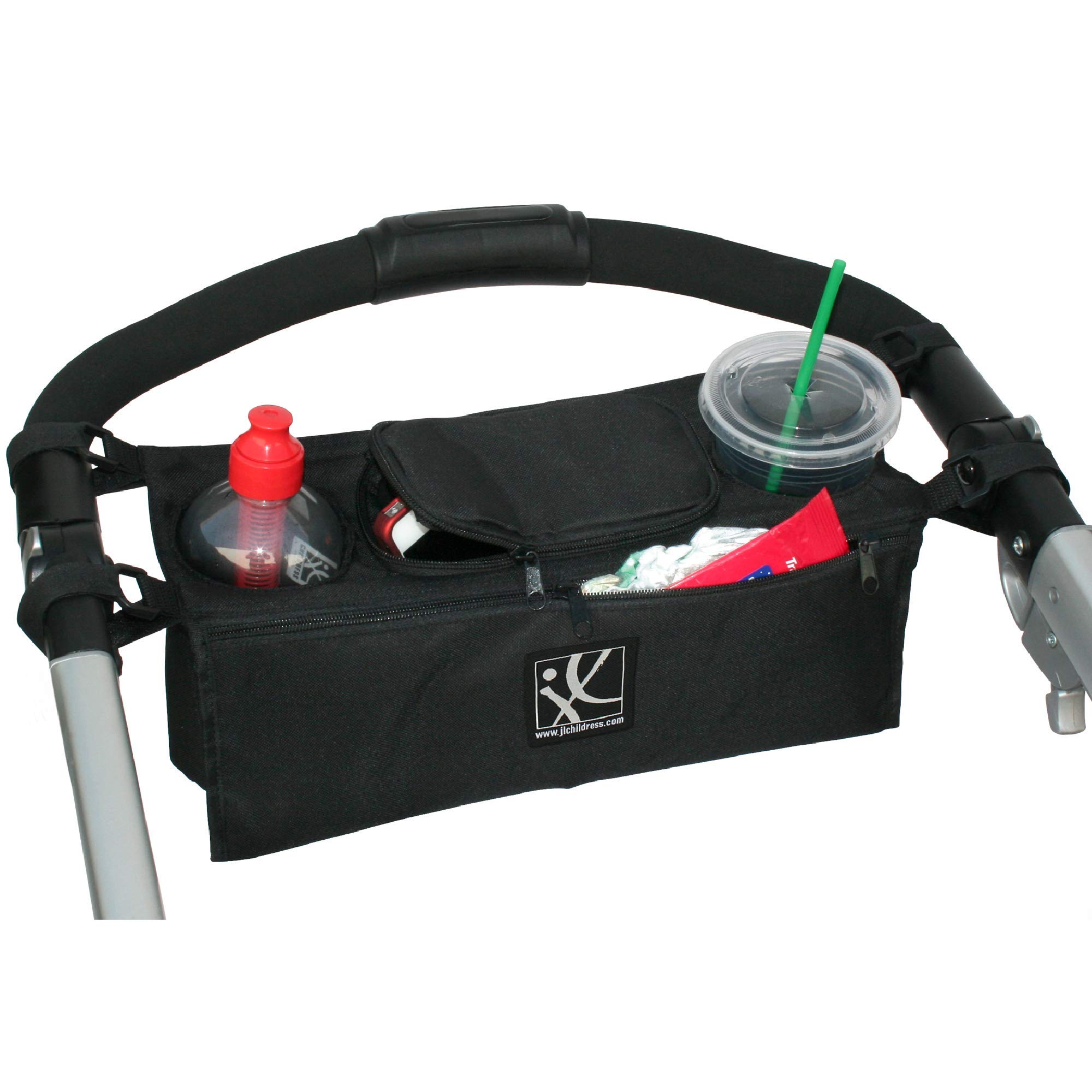 J.L. Childress Sip N Safe - Universal Stroller Accesory and Organizer - Deep Cup Holders, Zippered Compartments, Secure Pockets - for Jogging Strollers, Doona, Graco, Jeep, UPPAbaby, BOB - Black
