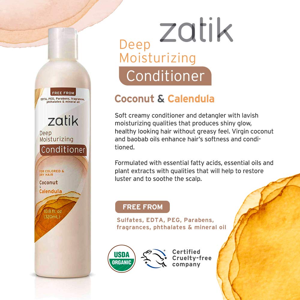 Zatik Naturals - Deep Moisturizing Conditioner - Coconut & Calendula, for Colored, Dry damaged Hair, Bio-degradable, pH Balanced, Vegan, FREE FROM EDTA, PEG, Parabens, fragrances, 10.8 fl oz, 320ml