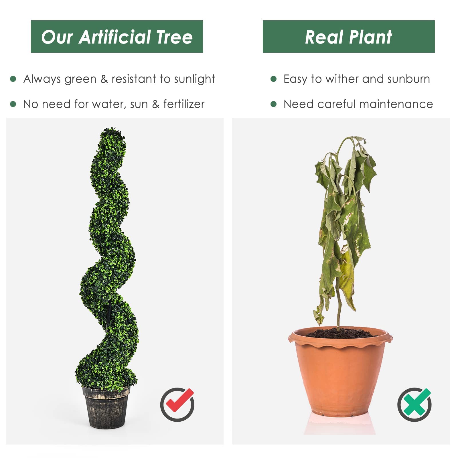 Goplus 4FT Artificial Spiral Boxwood Topiary Tree, 2 Pack Greenery Large Faux Plant in Cement-Filled Plastic Pot, Tall Fake Plant for Indoor Outdoor Home Front Porch Decor