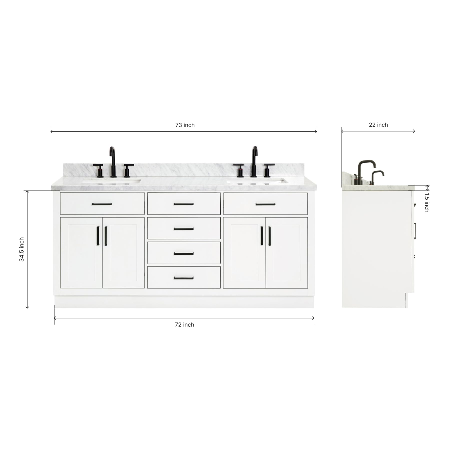 DKB Isabella Double Vanity 73" White with 1.5" Edge Italian Carrara Marble Countertop & Splash, Rectangular Sinks, 4 Soft Closing Doors, 6 Full Extension Dovetail Drawers, Toe Kick, Matte Black