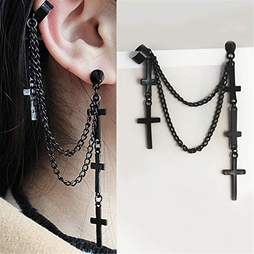 ANDPAI Personalized Multi Layered Long Stainless Steel Cross Chain Dangle Earring Threader Tassel Ear Cuff Black Punk Drop Earring for Women Men Statement Jewelry Gifts (Black)