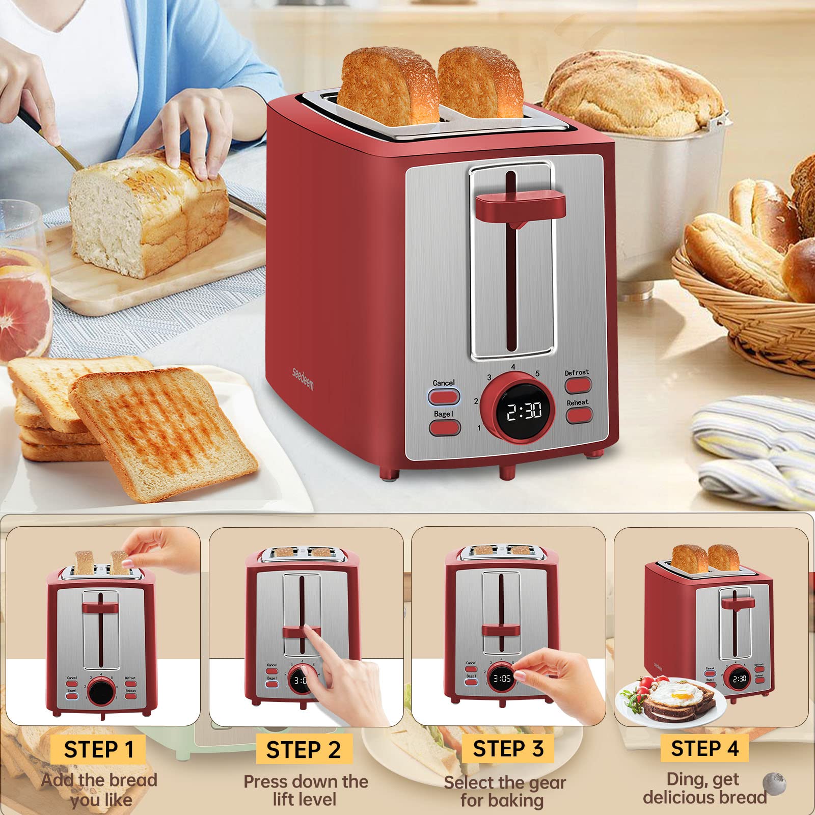 SEEDEEM Toaster 2 Slice, Bread Toaster with LCD Display, 7 Shade Settings, 1.4'' Variable Extra Wide Slots Toaster with Cancel, Bagel, Defrost, Reheat Functions, Removable Crumb Tray, 900W, Retro Red