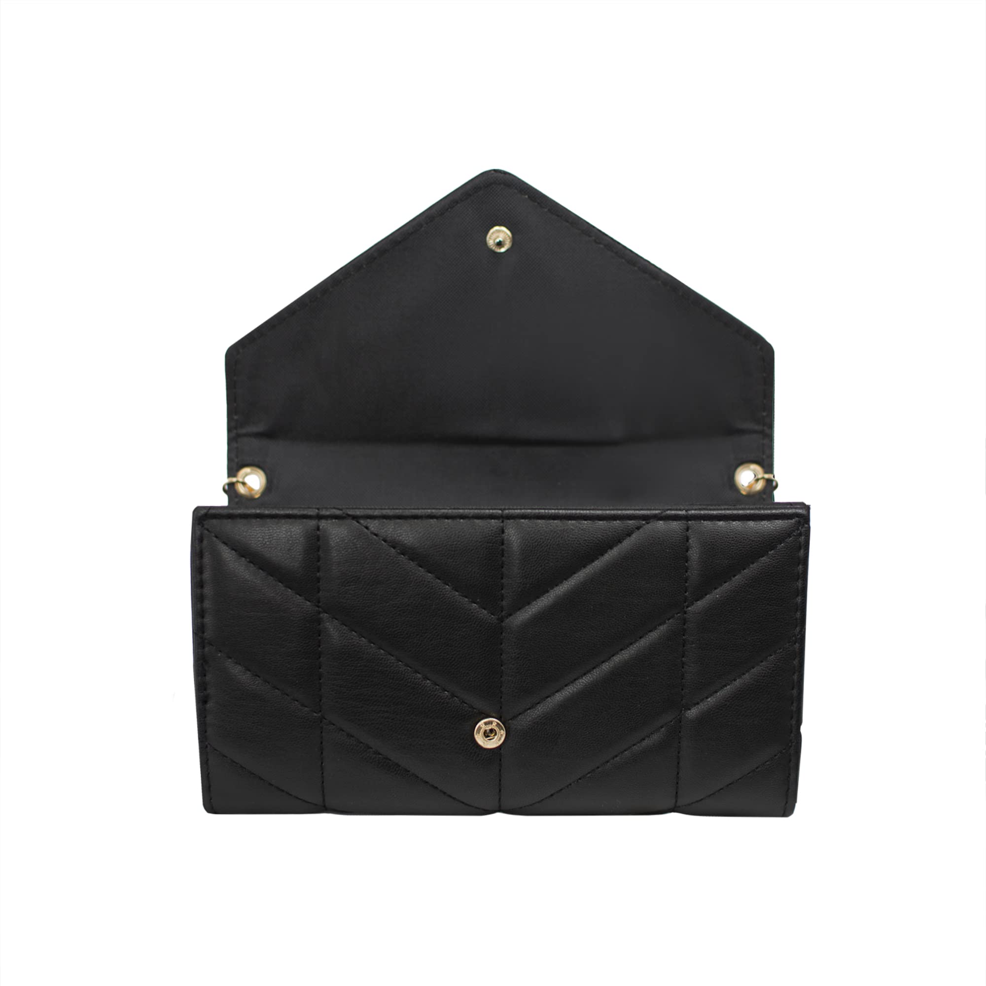 XOXO Women’s Wallet Small Black Vegan Leather Quilted Pattern Fold With Chain Crossbody Strap