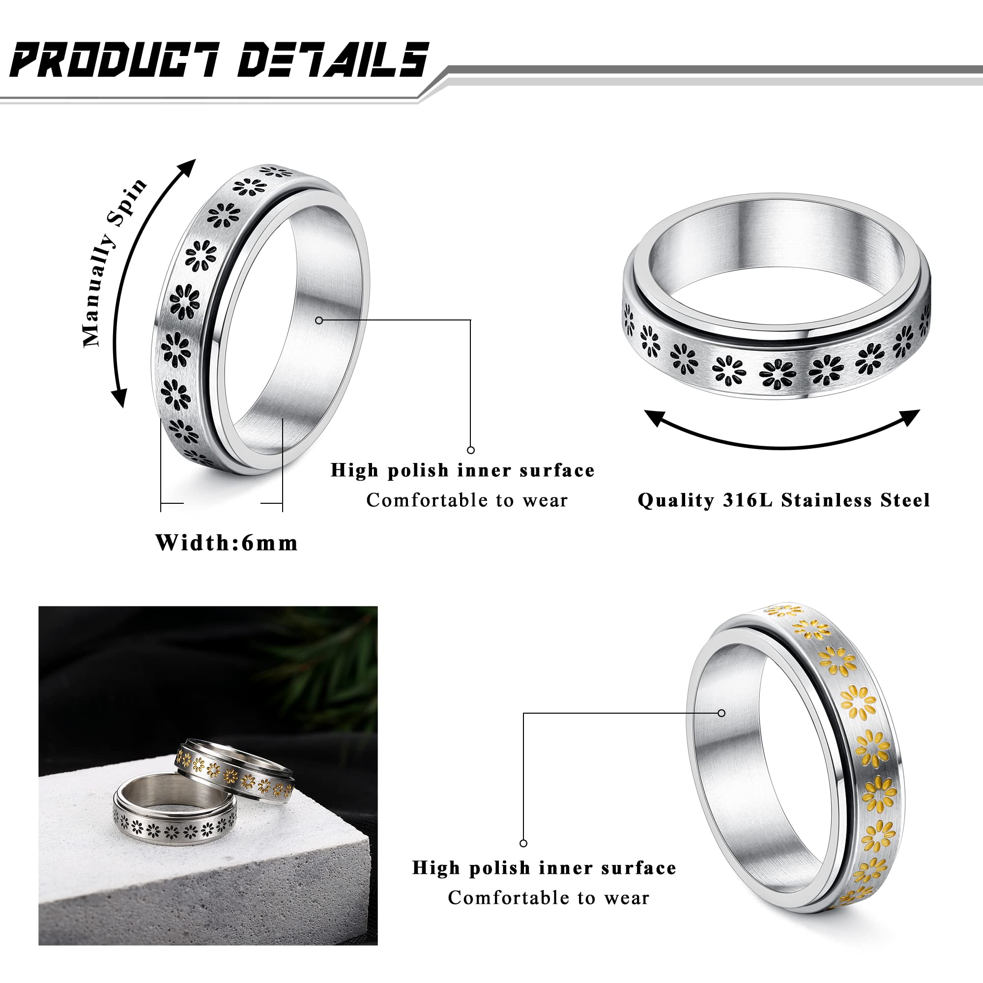 ADRAMATA Fidget Rings for Anxiety for Women Men Stainless Steel Meditation Rotatable Ring Gold&Black Star Moon Phase Daisy Anxiety Ring Spinner Ring Set 2PCS