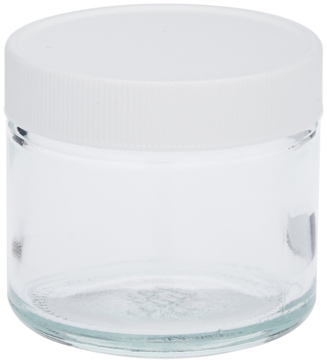 JG Finneran D0084-2 Clear Borosilicate Glass Short Straight Sided Standard Wide Mouth Jar with White Polypropylene Closure, Unlined, 53-400mm Cap Size, 2oz Capacity (Pack of 24)