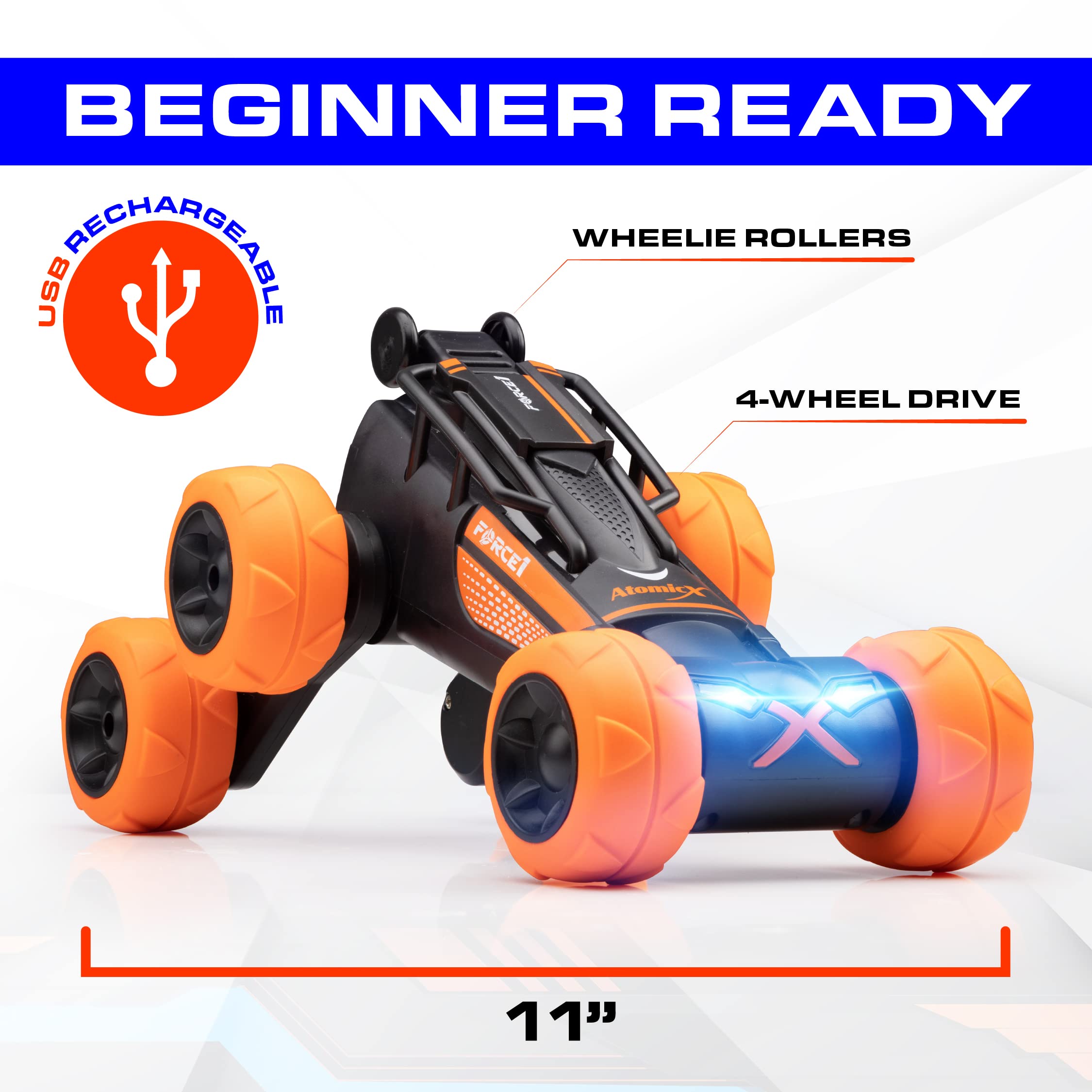 Force1 Atomic X Remote Control Car for Kids - 6 Wheeled RC Stunt Car Toy LED Double Sided 360 Flips Rotating RC Crawler Wheels, 2.4 GHZ Remote Control Indoor Outdoor Toy for Boys/Girls (Orange/Black)
