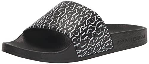A|X Armani Exchange Men's Logo Slide Sandal, Black + Optic, 8