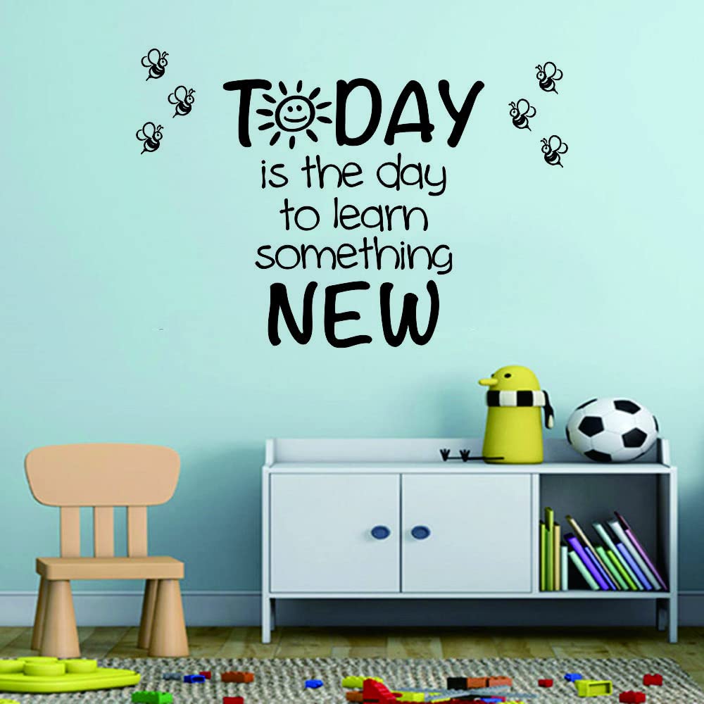 ANFRJJI Love Learning, Start Now Inspirational Words Wall Decal - Little Bee and Sun Smile PVC Removable Wall Sticker for Student and Kids Room Decor -Effect 26"x37"inch (black-JWH255-Today)