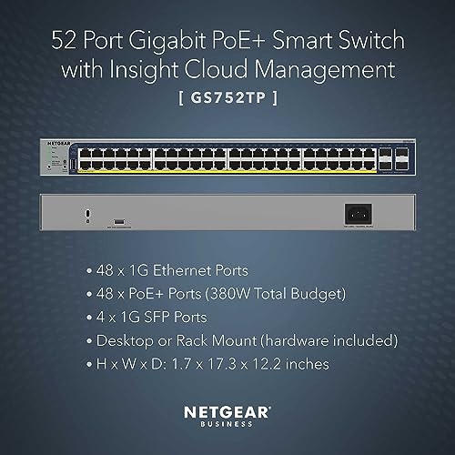 NETGEAR 52-Port PoE Gigabit Ethernet Smart Switch (GS752TP) - Smart Managed, 48 x PoE+ @ 380W, 4 x 1G SFP, Desktop or Rackmount Switch