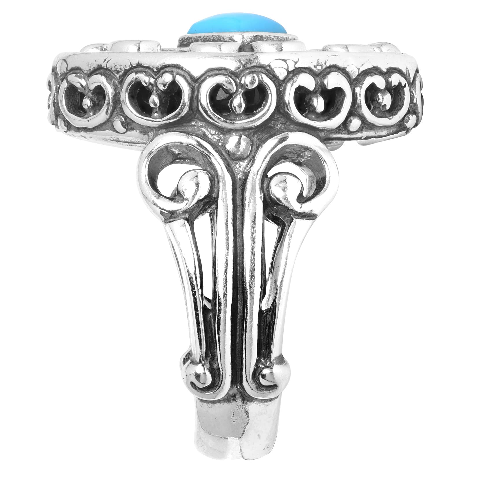 American West Sterling Silver Women's Ring Blue Turquoise & Black Agate Gemstone Elegant Swirls Design Size 6
