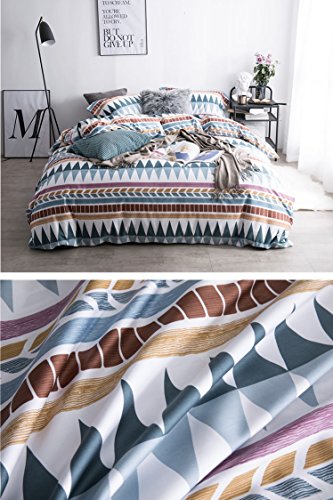 Bohemian Duvet Cover Striped Ethnic Boho Reversible Southwestern 400TC Cotton Bedding 3pc Set Navy White Orange Modern Geo Aztec Print (Teal Rust, King)