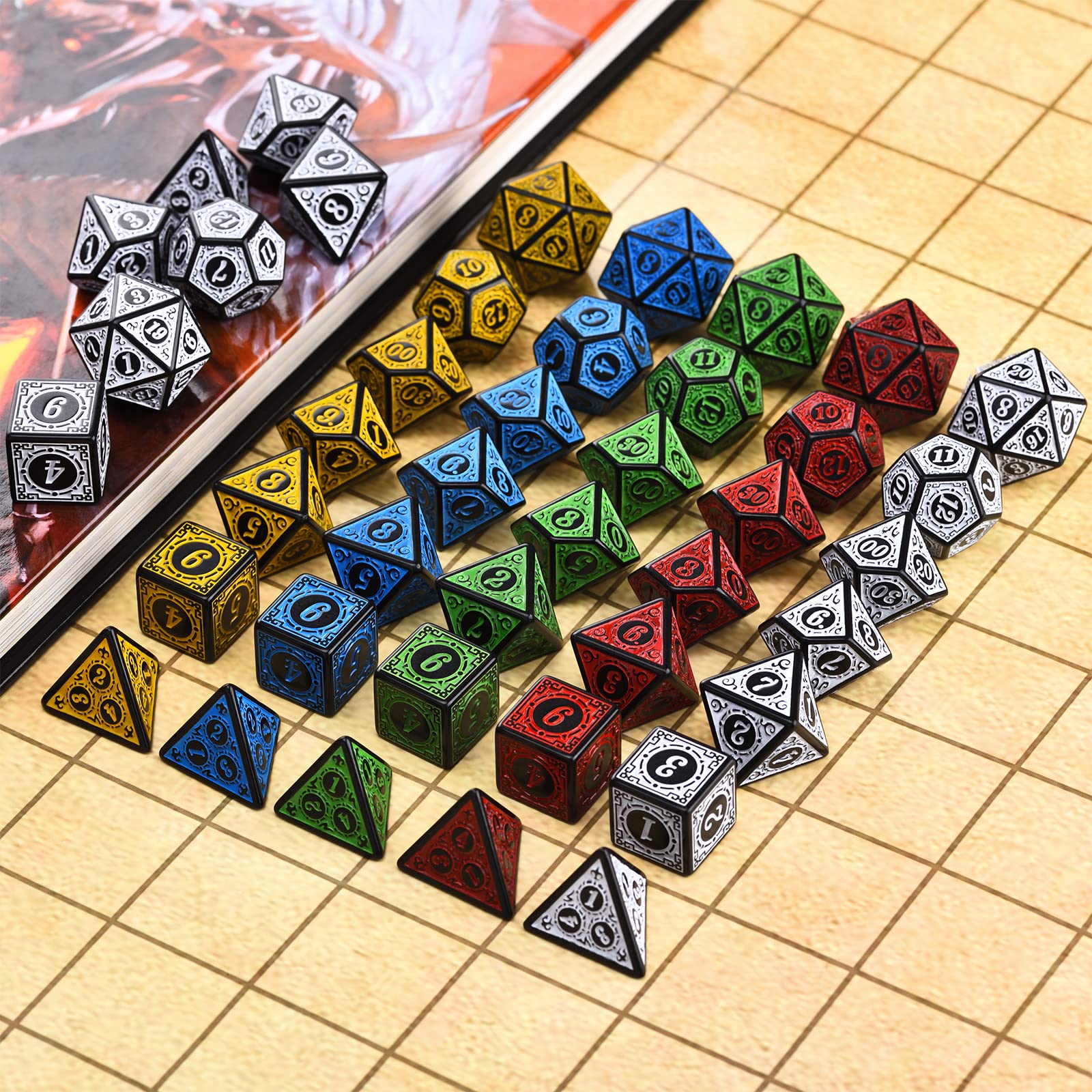 Amiven Polyhedral Engraved Dice 6 X 7-Die (42pcs) with a Bag for Tabletop Games