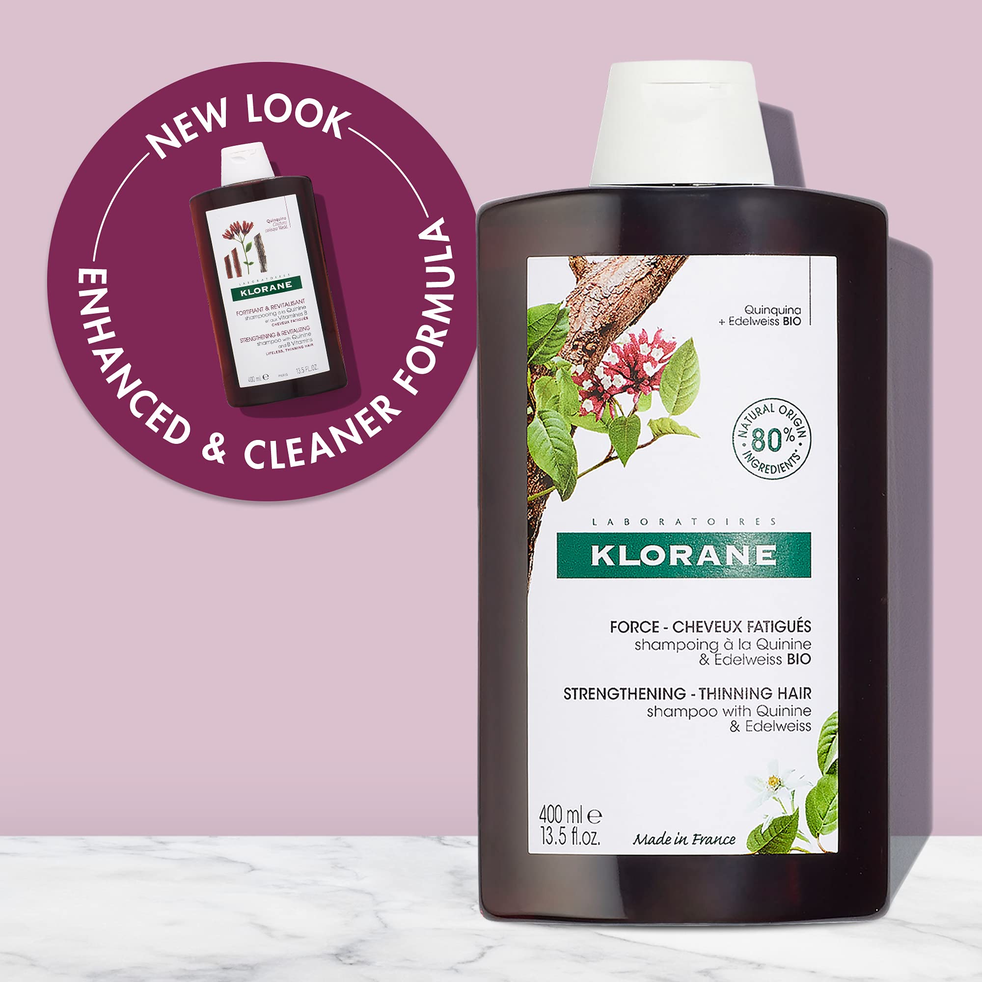 Klorane - Strengthening Shampoo - with Quinine & Edelweiss For Thinning Hair - Support Thicker Hair - Silicone, Paraben & Sulfate Free - 13.5 fl. oz.