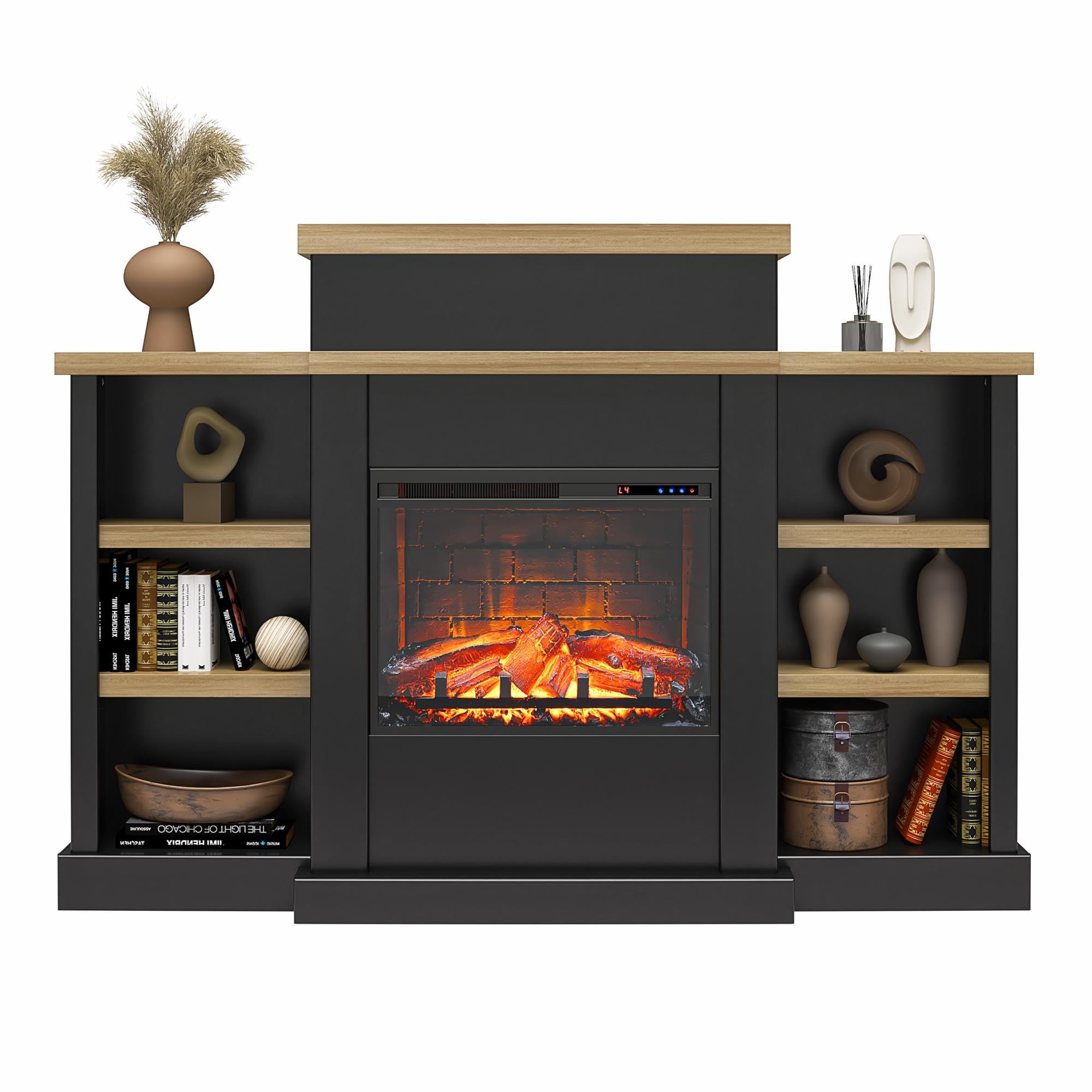 Ameriwood Home Gateswood 64 Inch Electric Fireplace with Mantel, Replaceable Fireplace Insert Heater, Shelves, Remote Control, Timer, Realistic Log and Flame Effect, Black