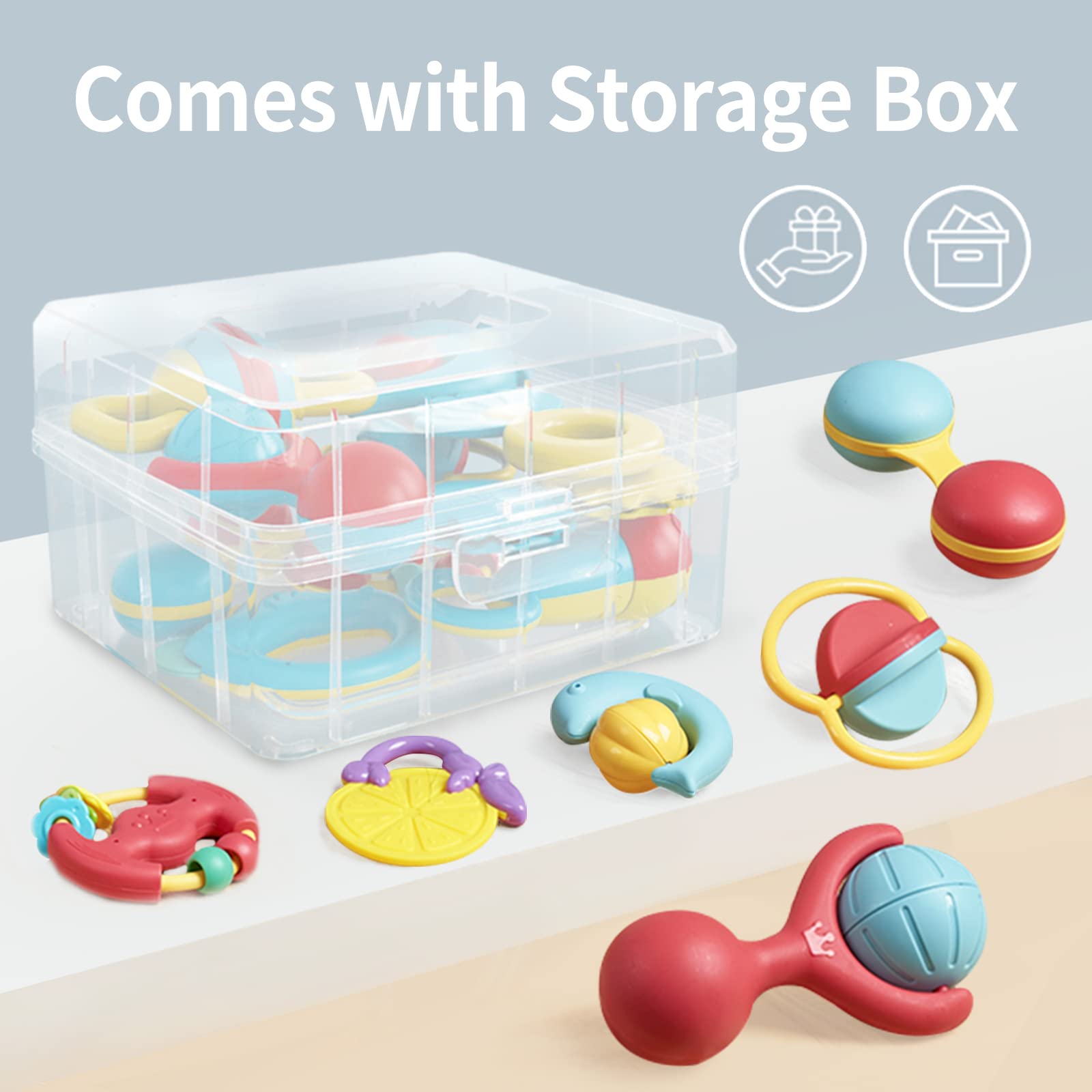 Eners 16 Pcs Baby Rattle Teethings Toys, Grab and Spin Baby Rattles, Teethers for Babies 0-3-6-12 Months, Infant Shaker with Storage Box