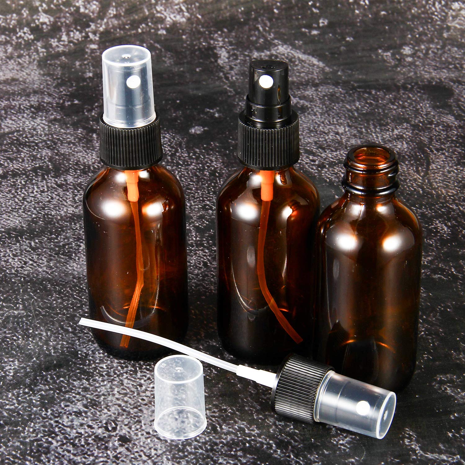 Ruckae Set of 20,1 oz Amber Glass Spray Bottles for Essential Oils, Hair, Water, Empty Small Fine Mist and Refillable Mister-With Funnel and Gold Pen,Black Fine Mist Sprayers