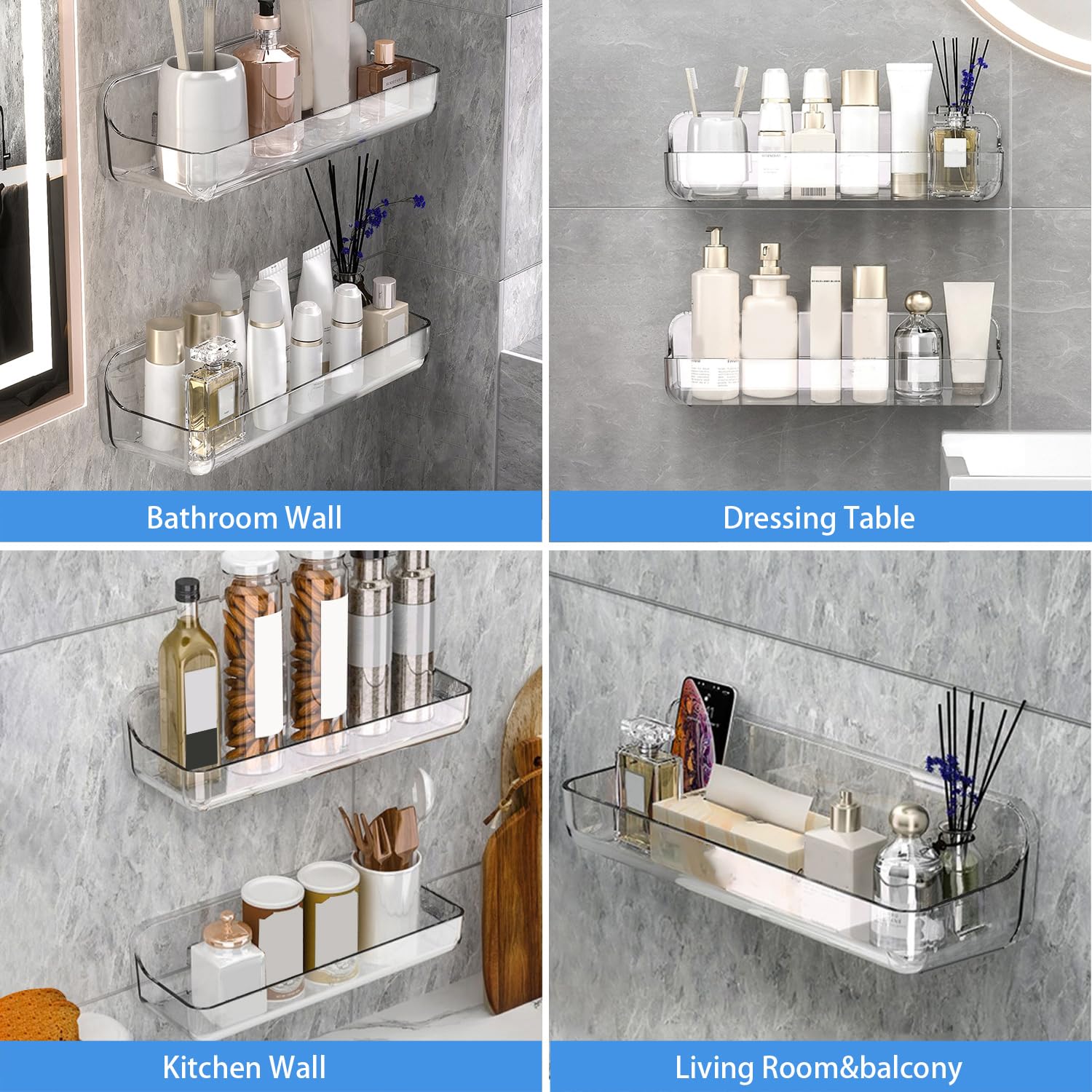 Diesisa 2pc Acrylic Wall Mount Organizer, Adhesive Shelf, Bathroom Shelves for Wall, Self Adhesive Organizer, No Drilling Hang Walls,with Self Adhesive Tape, for Bathroom, Kitchen, Living Room