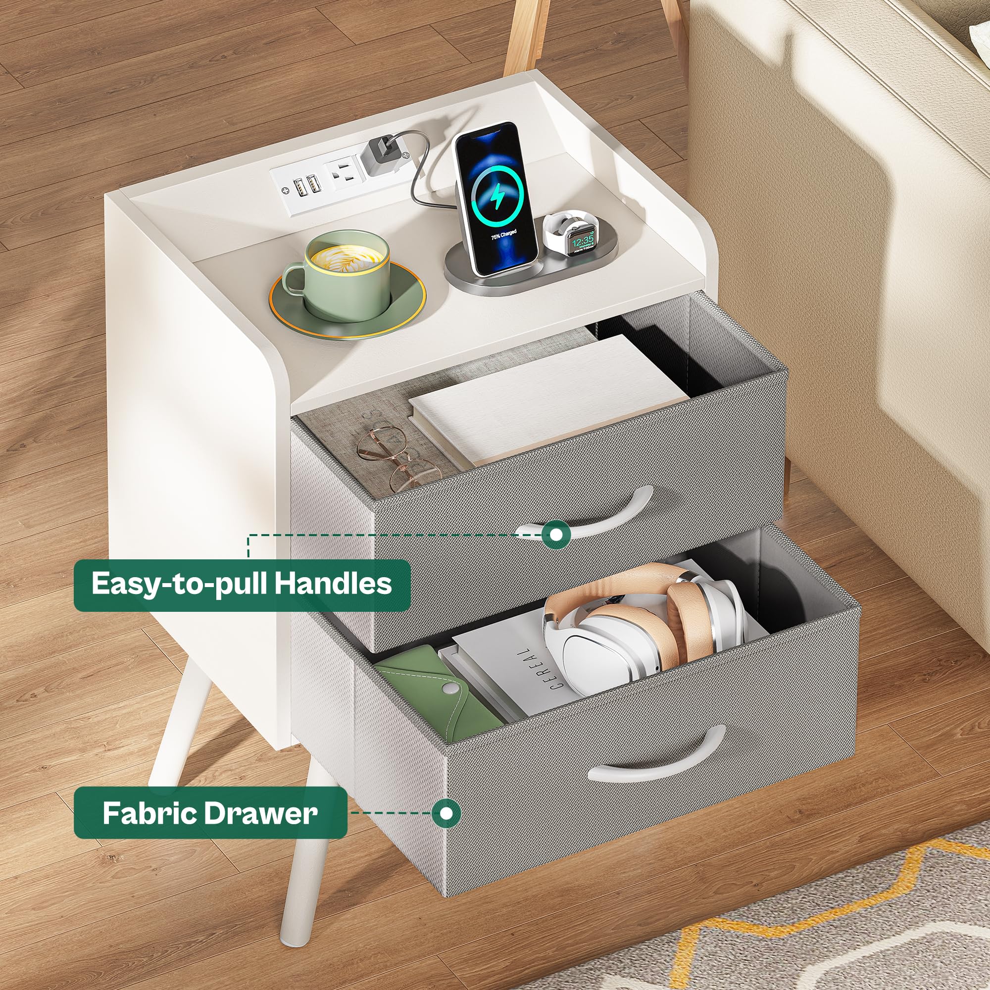 Huuger Night Stand with Charger Station, Nightstand with Drawers, Bedside Table, End Table with Solid Wood Feet, White Nightstand, Side Tables for Bedroom
