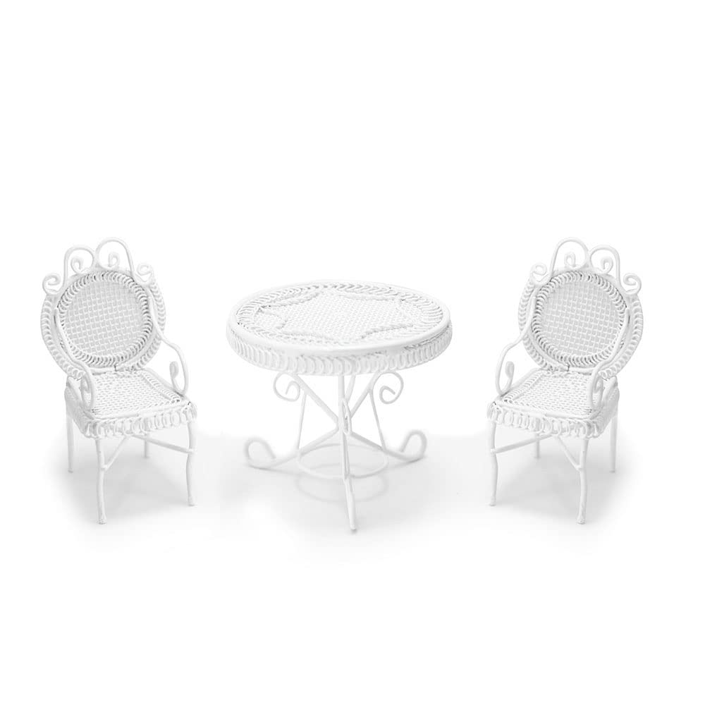 Dollhouse Miniature Bistro Table & Chairs Set Accessories Metal 1:12 Scale Miniatures White Coffee/Tea Furniture Fairy Garden Cute Rustic Elegant Decorations Ornaments (A)