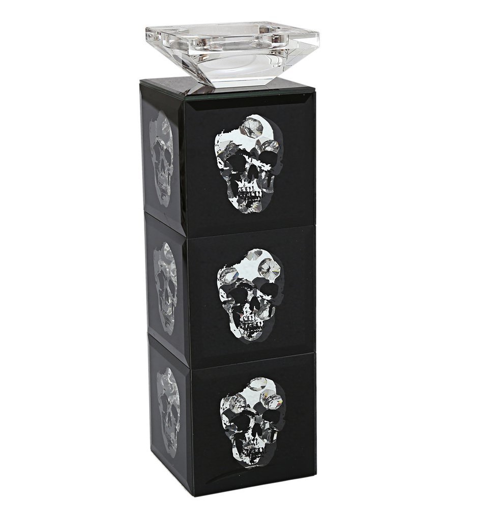 Sassy Home Triple Tier Black Glass Mirrored Floating Crystal Jewel Skull Pillar Candle Holder, 35 x 11 x 11cm, One Colour