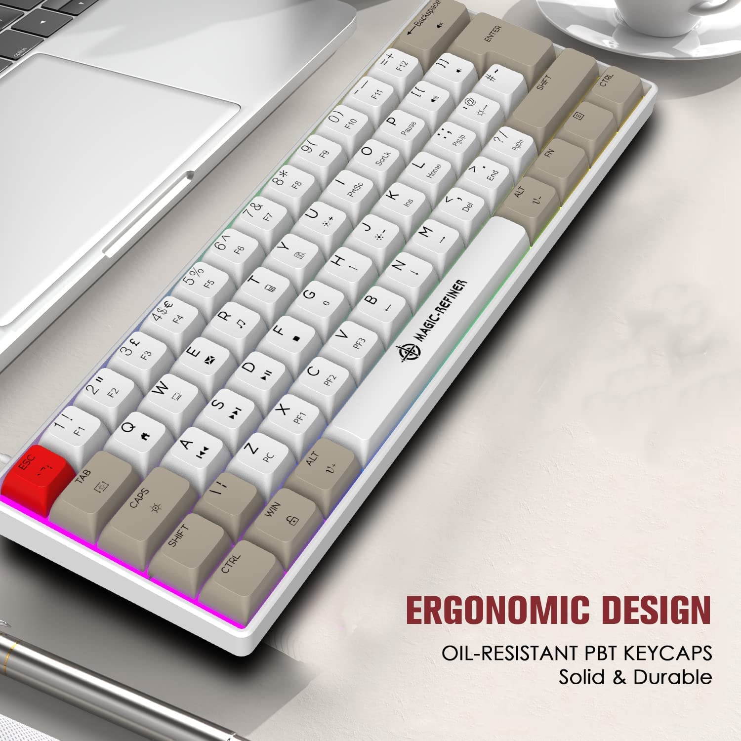 Mini Mechanical Gaming Keyboard Type-c Wired with PBT Dye-subbed Keycaps Rainbow RGB Backlit 60%Layout Full Anti-Ghosting 62 Key Ergonomic for Typist Laptop PC Mac Gamer (White Main/Blue Switch)