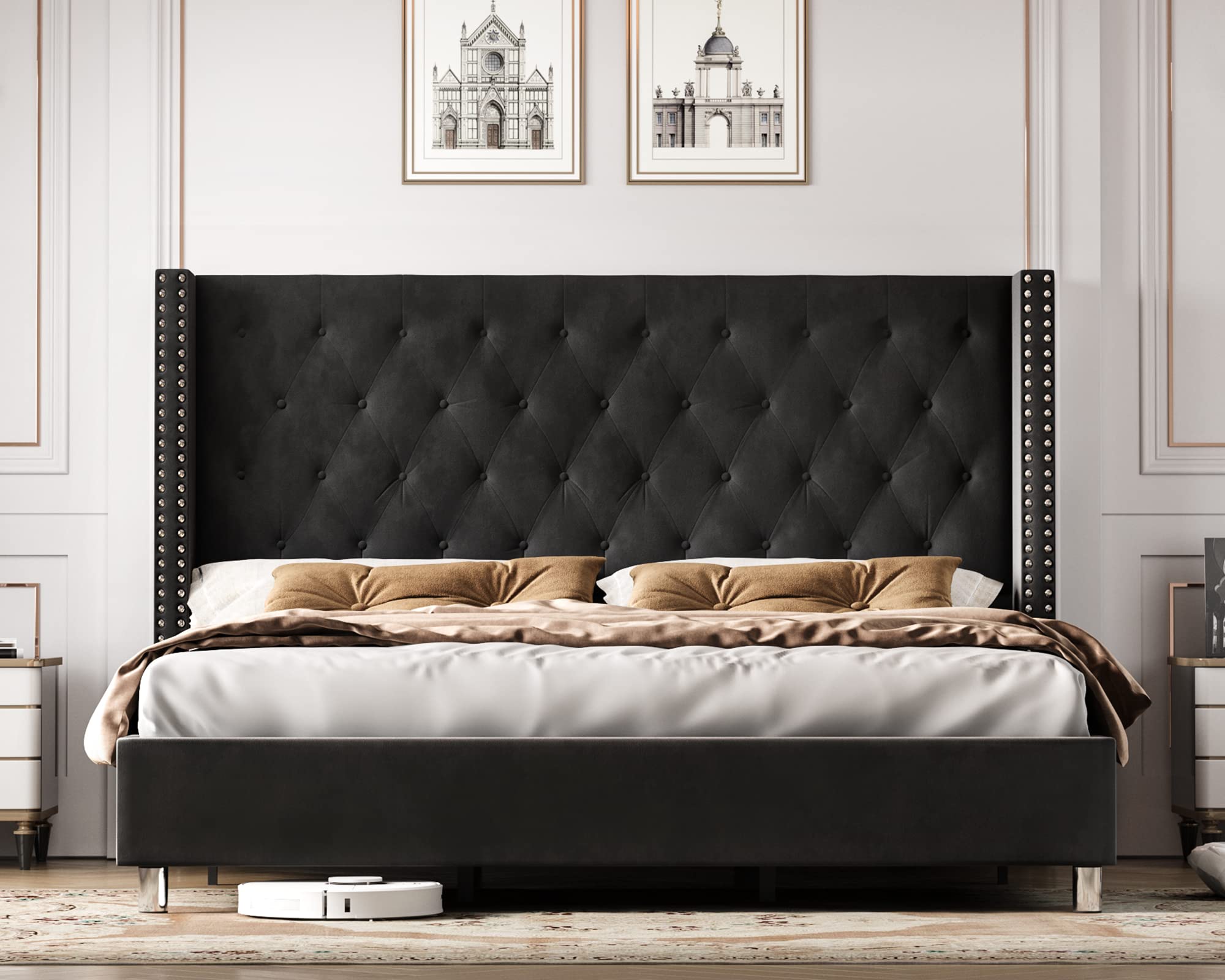 PaPaJet King Bed Frame Upholstered Bed Velvet Low Profile Platform Bed with Raised Wingback Headboard/No Box Spring Needed/Easy Assembly/Cream