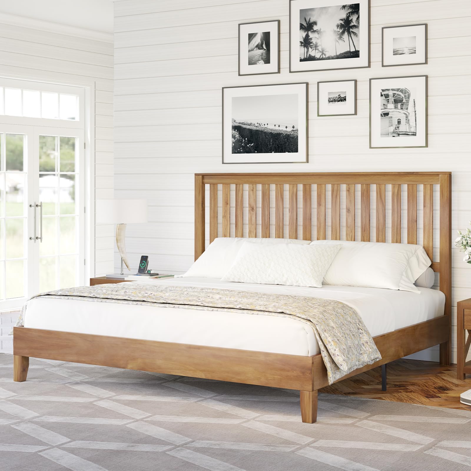 AMERLIFE King Size Solid Wood Bed Frame, Mid-Century Wooden Platform Bed with Grille Headboard, Wood Slat System/No Box Spring Needed/Noise Free, Natural