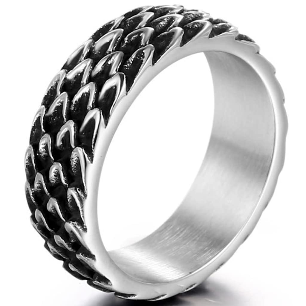 8mm Retro Vintage Stainless Steel Fish Snake Scale Pattern Band Style Biker Cocktail Party Halloween Ring (Silver Black, 9)