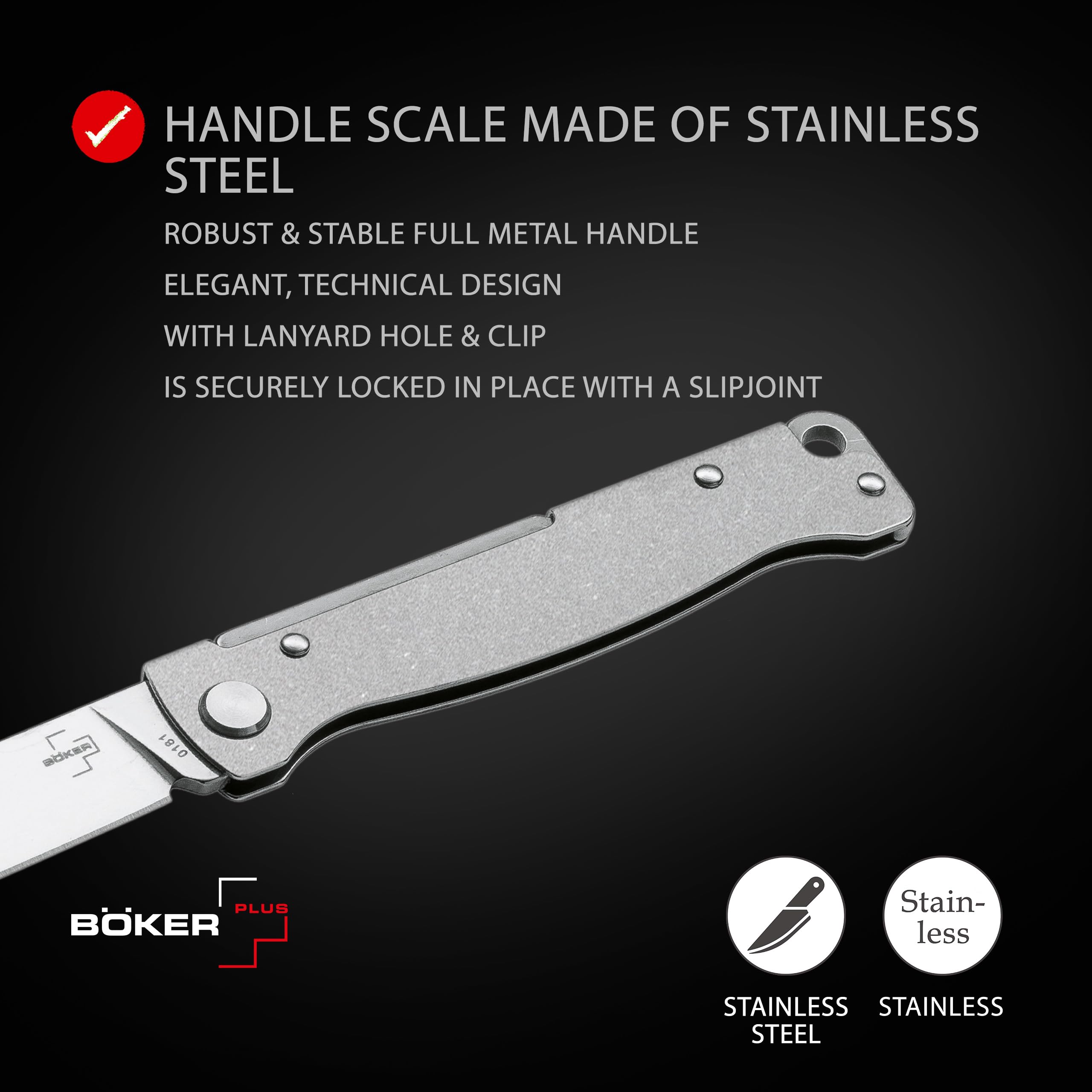 Boker Plus® Atlas SW - Slipjoint pocket knife with stainless steel handle scales - classic Folding knife with 12C27 blade - Slipjoint knife with knife case