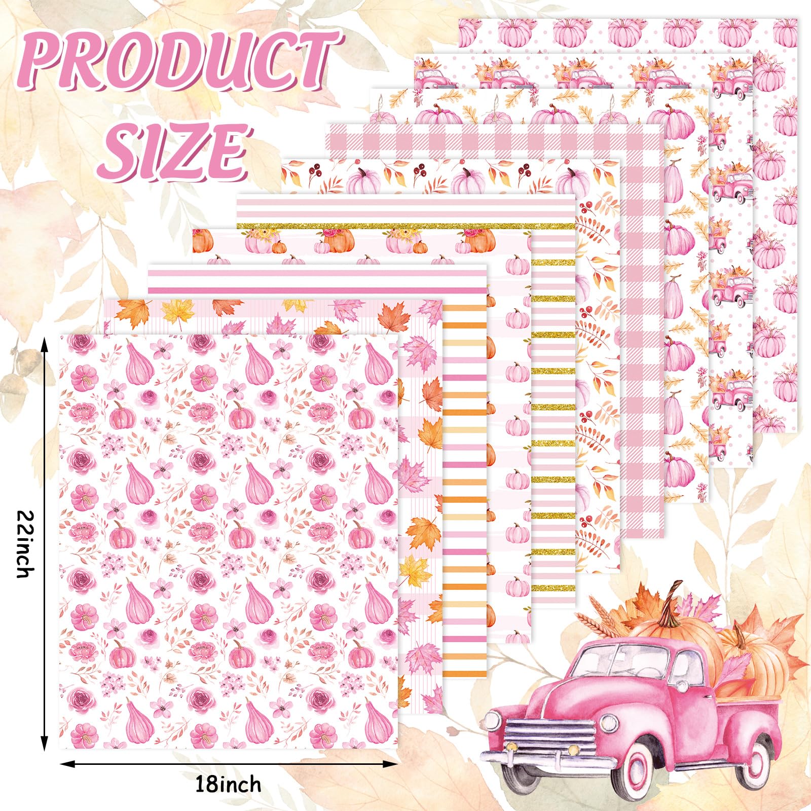 JarThenaAMCS 10Pcs Fall Cotton Fabric Bundles Pink Pumpkin Maple Leaf Truck Fat Quarters Autumn Thanksgiving Quilting Patchwork for DIY Craft Home Party Decor, 18 x 22 Inch