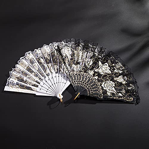 Aebor 10 Pieces Fabric Folding Fans, Folding Hand Fans, Elegant Vintage Retro Flower Rose Lace Handheld Chinese Folding Fan for Women Hand Craft (White)