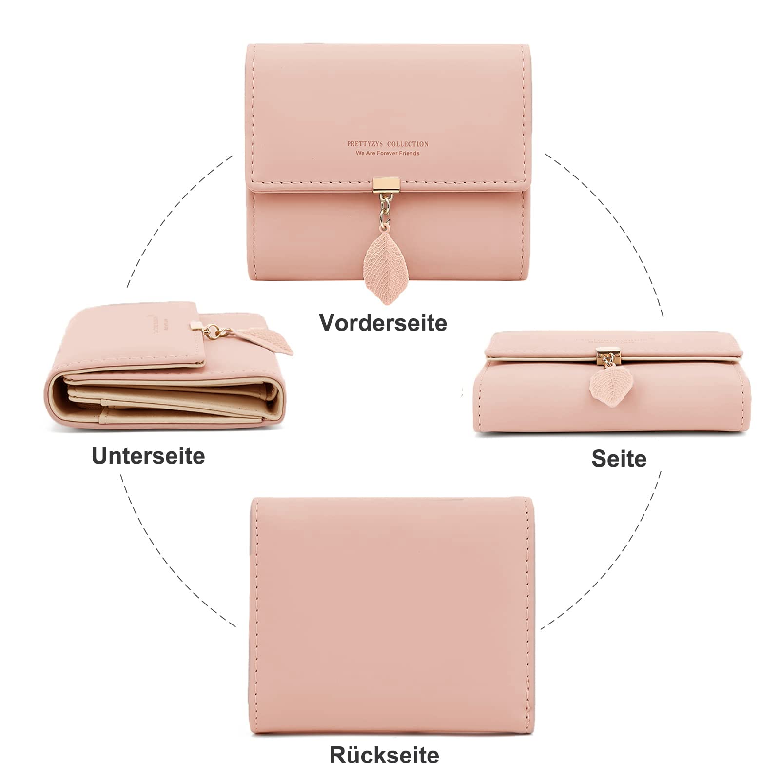 CALIYO Wallets for Women, Leaf Card Holder Trifold Small Wallets for Women , Silm Wallets Zipper Coins Pocket with ID Window,Pink