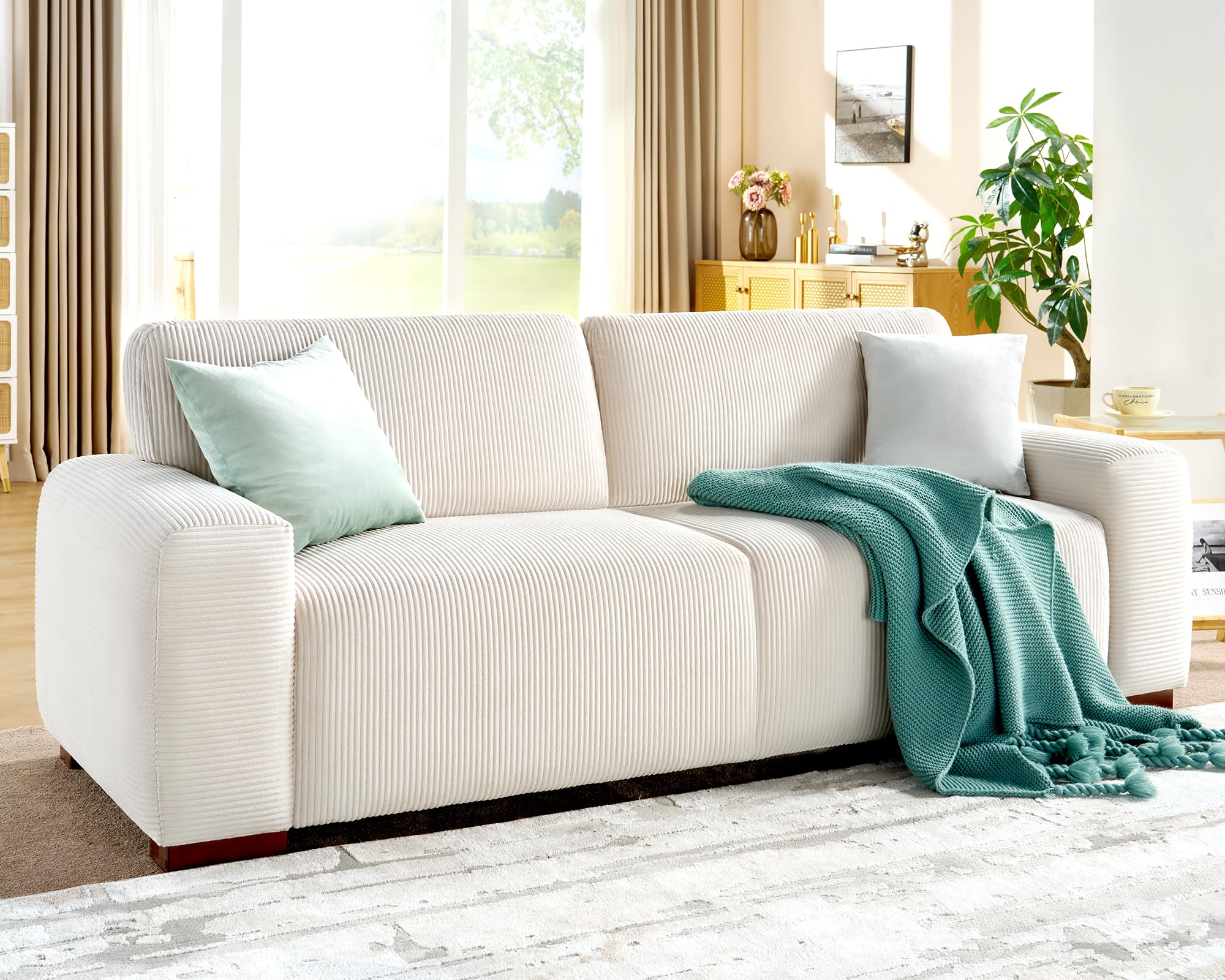 AMERLIFE Sofa, 89 inch Oversized Couch with Thick Armrest, Comfy Sofa Couch for Living Room-3 Seater Sofa in White Corduroy