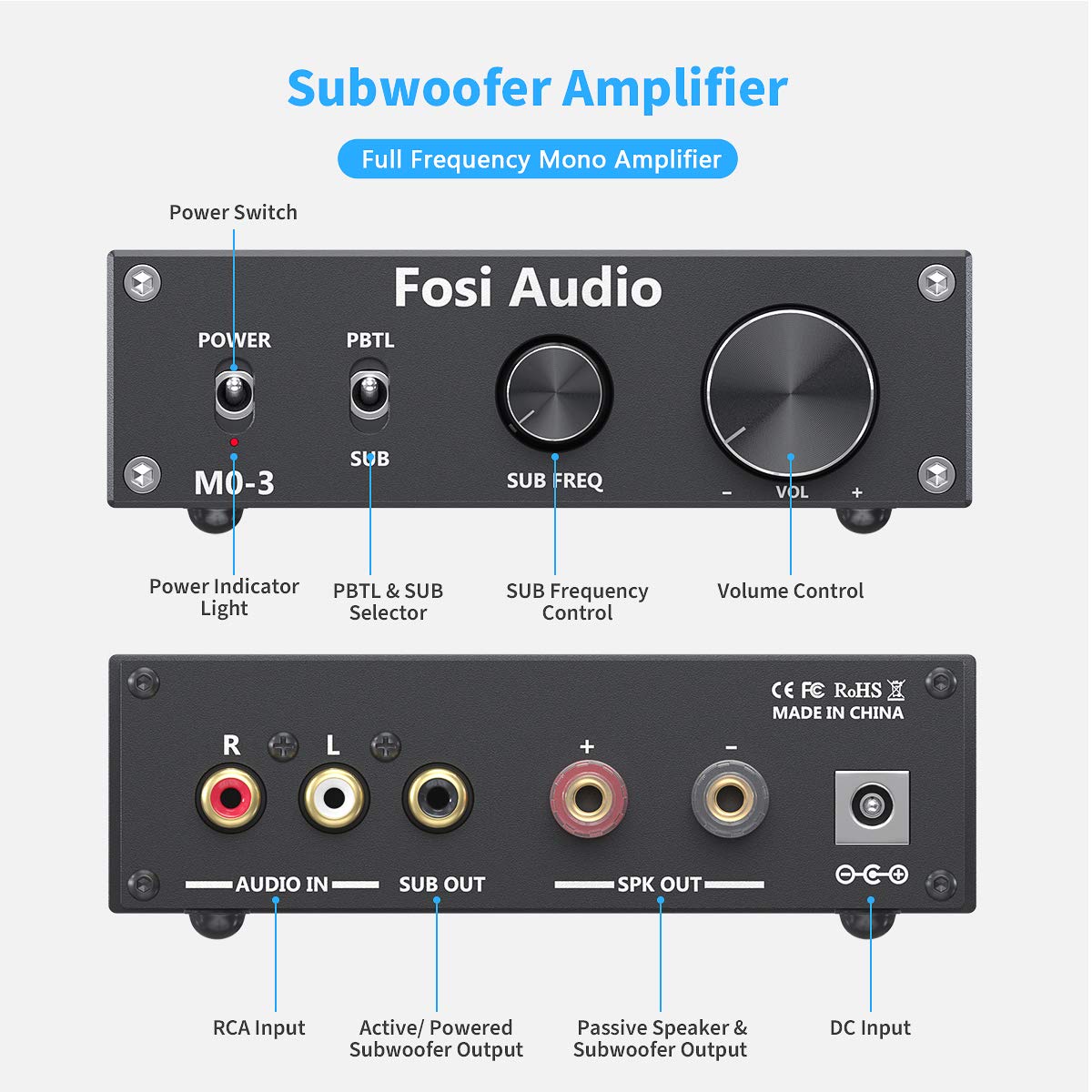 Fosi Audio M03 200 Watt TPA3255 Subwoofer Amplifier Mini Mono Channel Audio Power Amp for Home Theater Full-Frequency and SUB Bass Switchable with 32V/5A Power Supply