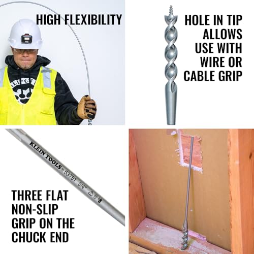 Klein Tools 53751 Flex Bit Auger with Screw Point, 3/4-Inch x 72-Inch Long Flexible Drill Bit / Fish Bit for Pulling Wire Behind Walls