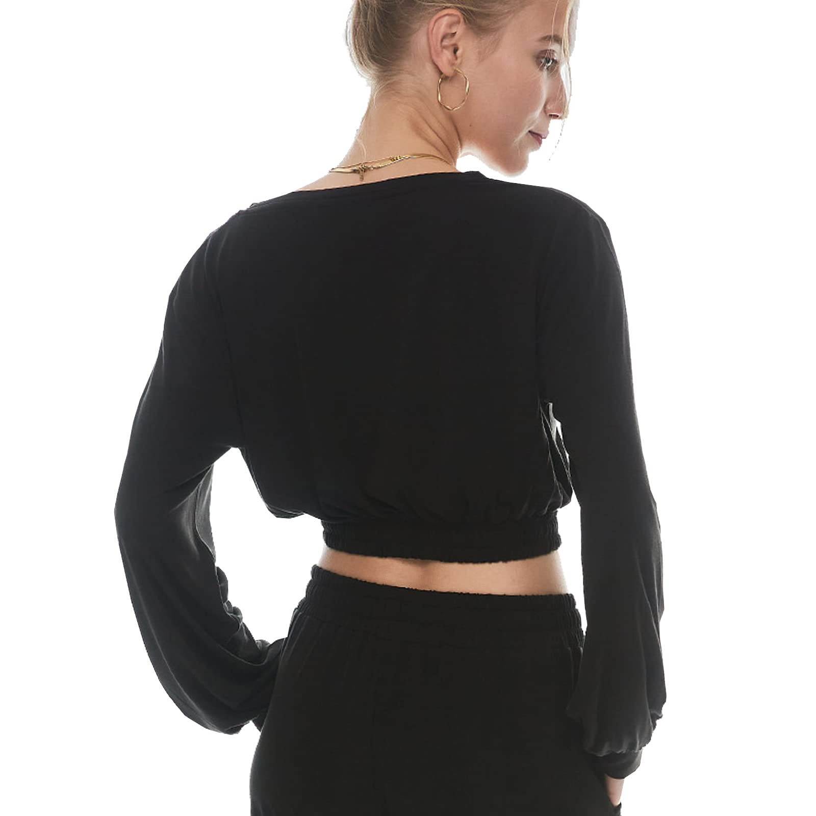 ARECON Long Sleeve Crop Tops Blouses for Women Relaxed Fit V-Neck Cropped Sweatshirt Pullover Athletic Running Workout Tops Black