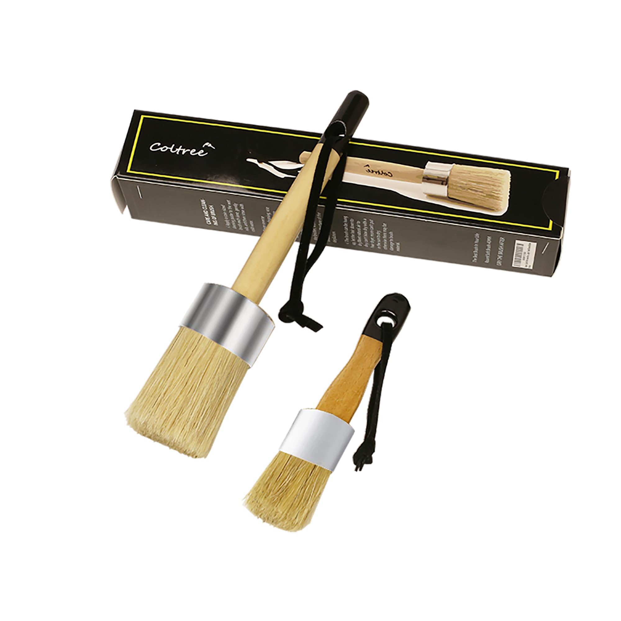 Coltree Chalk Paint Brushes for Furniture, 2 Pcs Boar Hair Bristles Round/Flat Paint Brushes Set, Wax Paint Brushes, Suitable for Chalk Paint and Wax