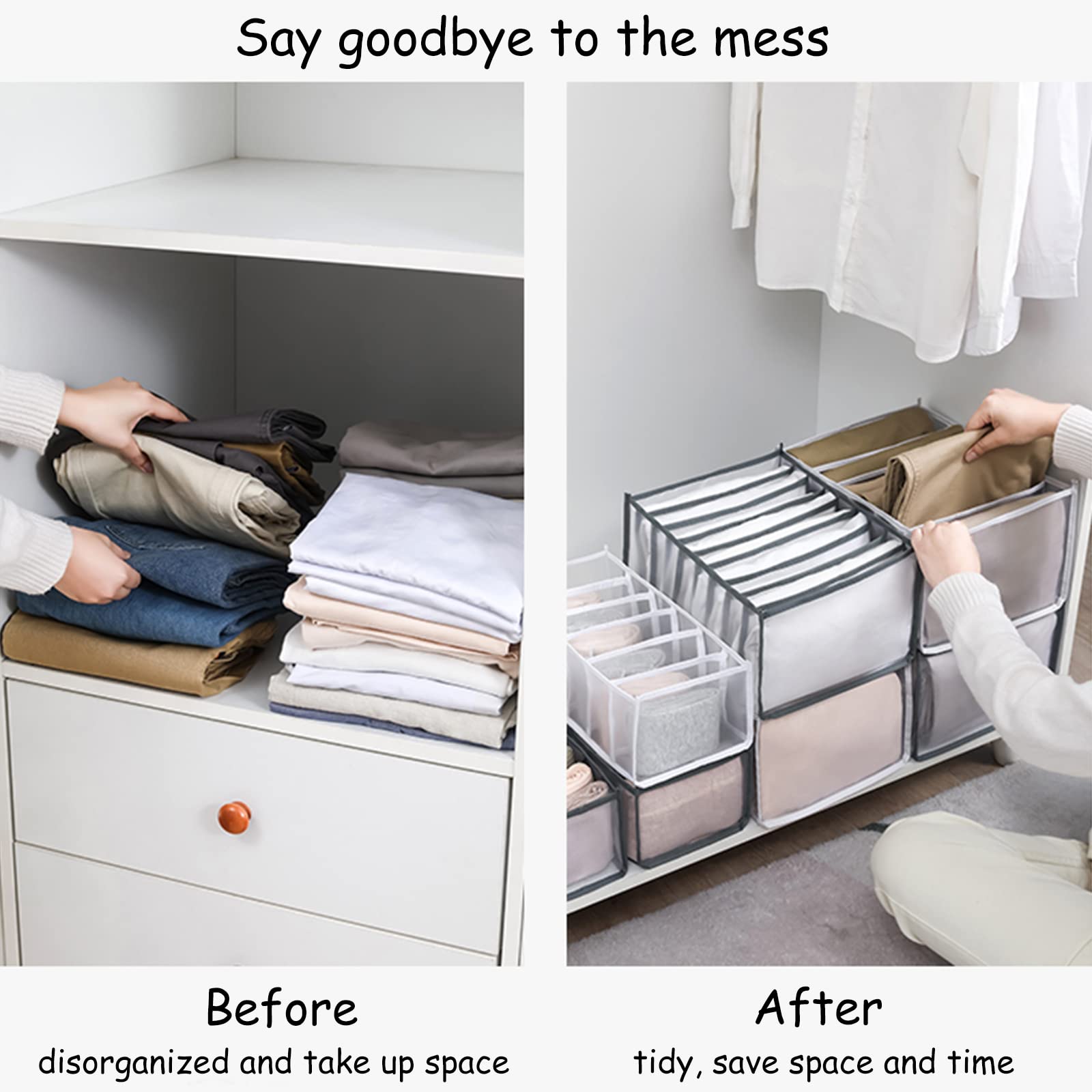 DOUBLE 2 C 3 Pcs Washable Wardrobe Clothes Organizers, 7 Grids Foldable Visible Closet Organizer, Mesh Drawer Separation Storage Box for Jeans, Legging, T-shirt, Baby Kids Clothes