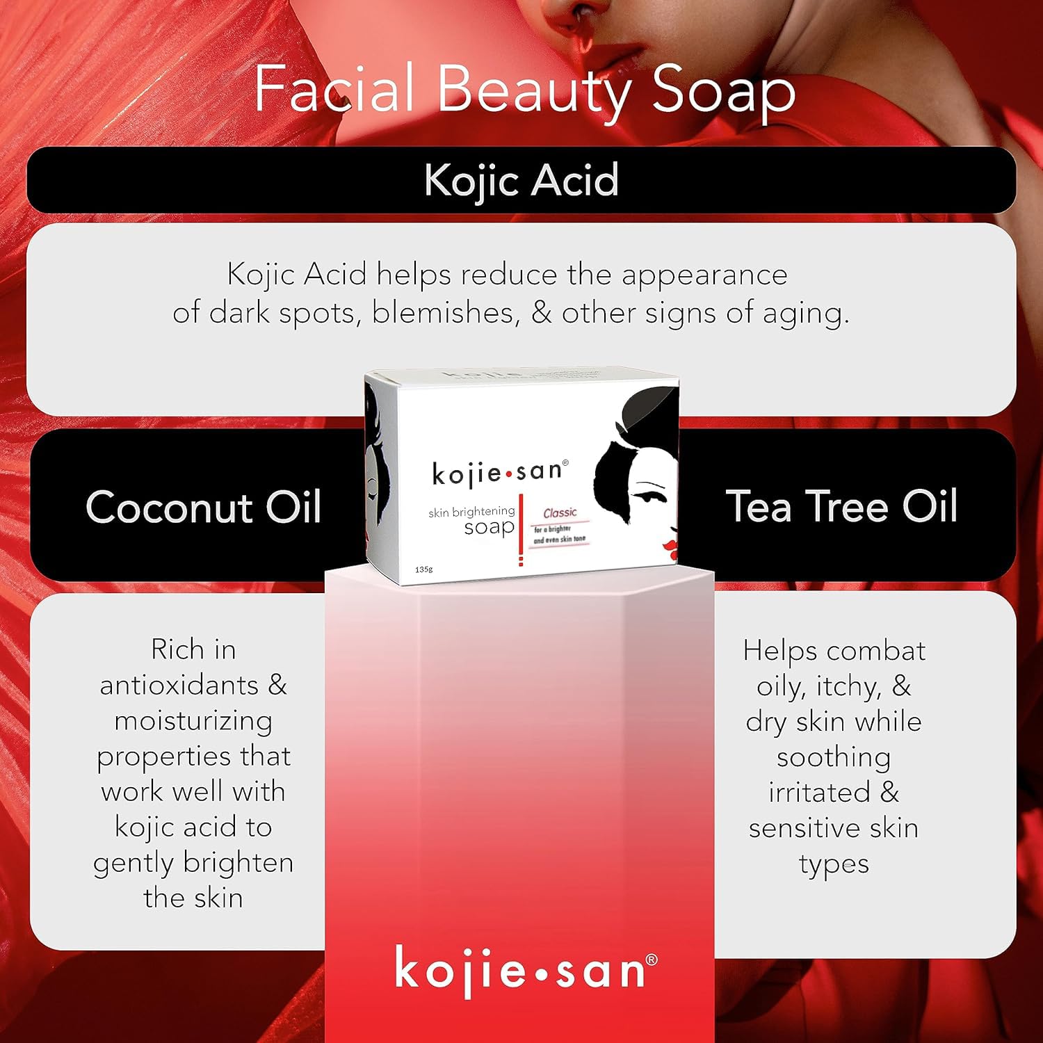 Kojie San Skin and Body Soap β Original Kojic Acid, Dark Spot Remover Soap Bar with Coconut & Tea Tree Oil β 135g x 1 Bar