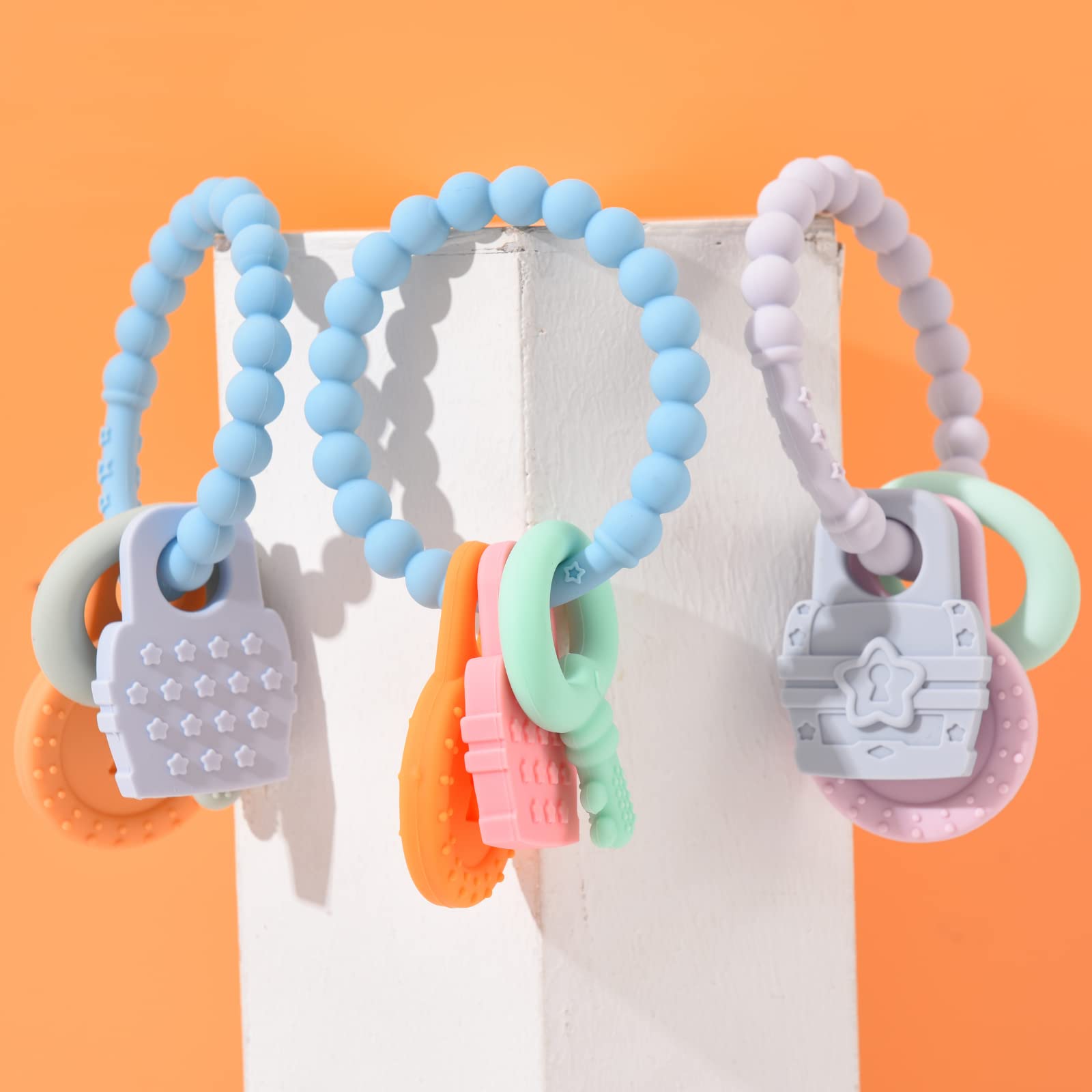 Baby Teething Toys, Silicone Chewable Teethers with Wooden Ring for Soothing Babies Gums, Shower Gift for lnfants & Toddlers, 3+ Months (Ring-Key 1)