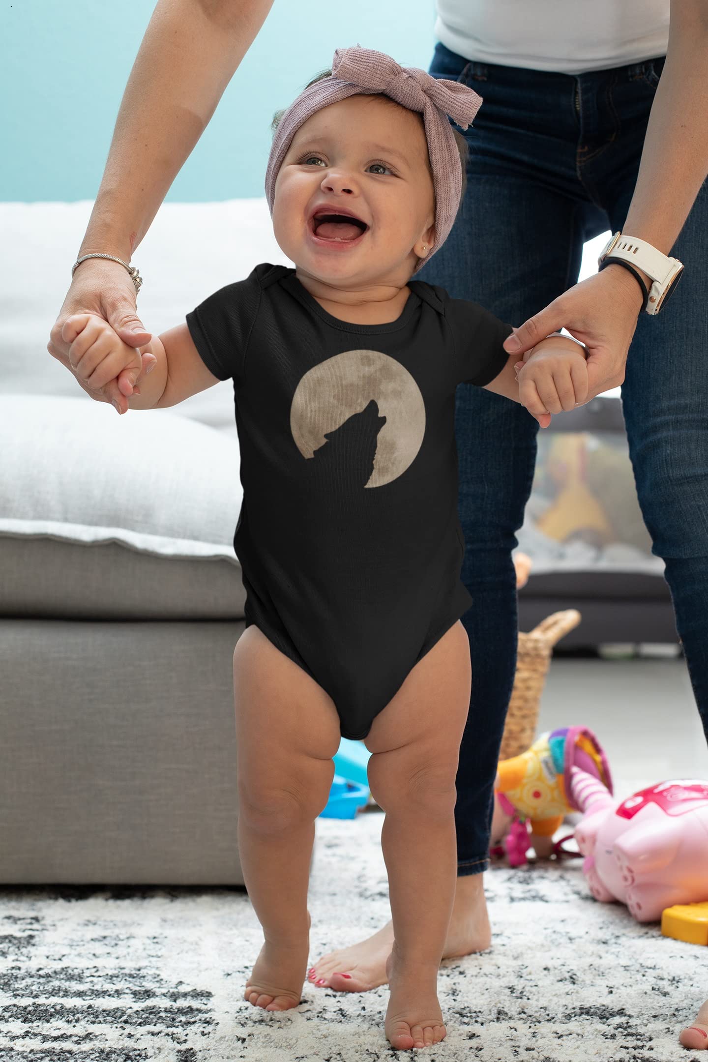 Wolf Howling Moon Silhouette Soft Baby One Piece Black 3 Month