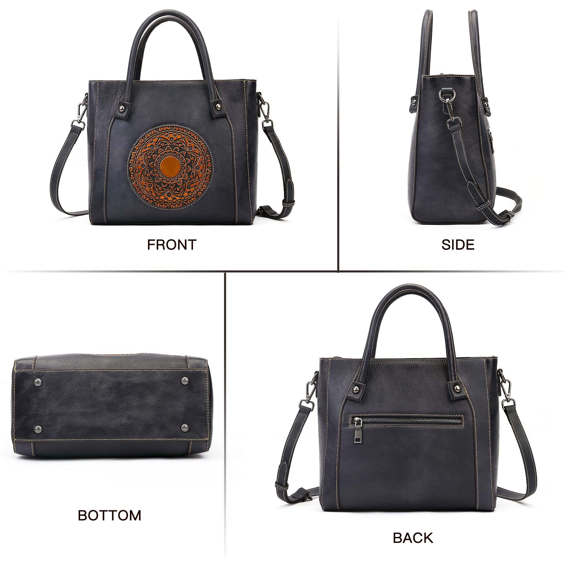 Genuine Leather Handbag for Women,Retro Embossing Mandala Design Purse Organizer Vintage Handmade Crossbody (3299 brown) 11 * 5.1 * 10.2 inches