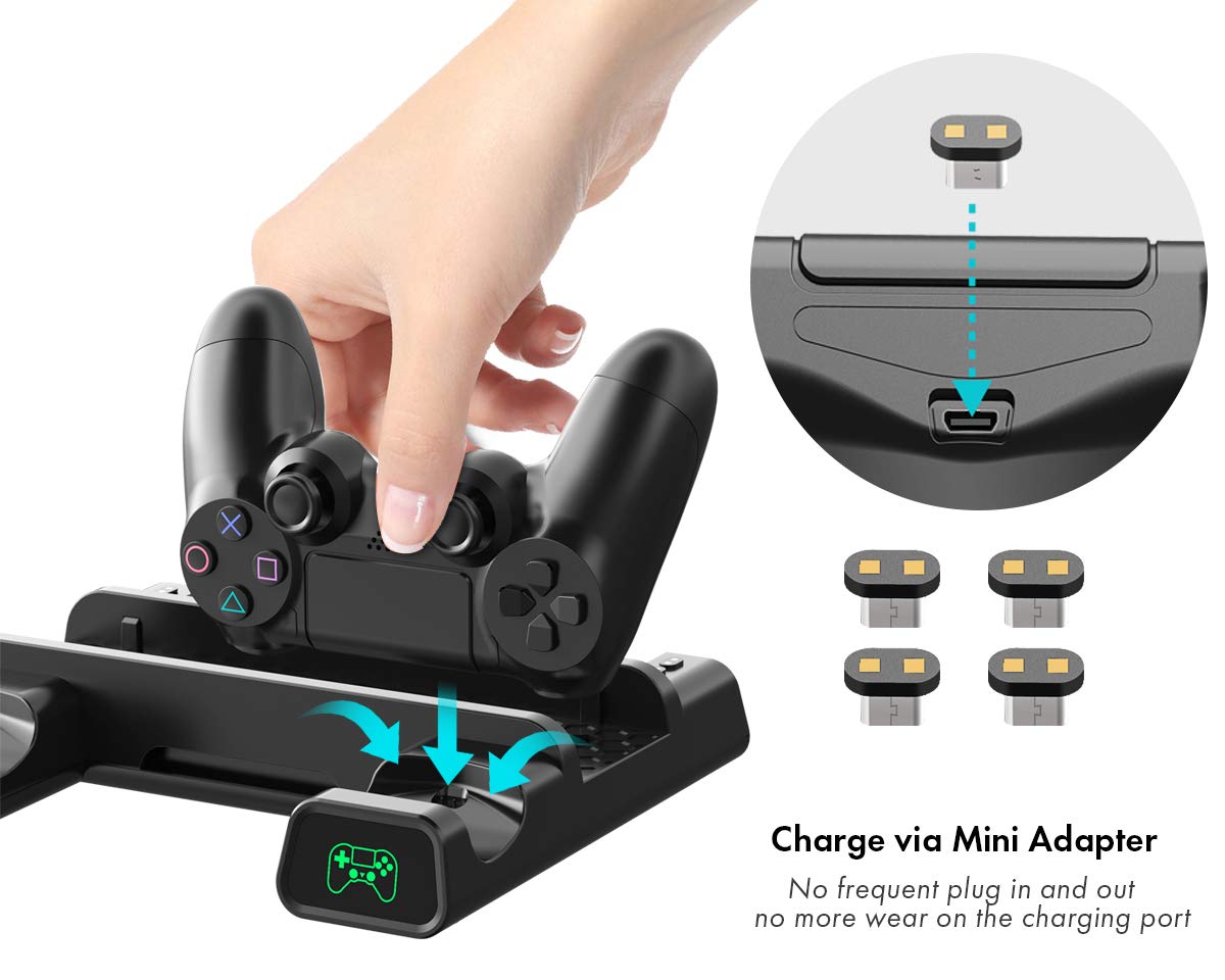 ElecGear PlayStation 4 Vertical Stand and Cooling Fan, Dual Charging Station for DualShock 4 Controller Charger Dock with 4X Mini Dongle, 10x Games Storage Bracket for PS4, PS4 Pro and PS4 Slim