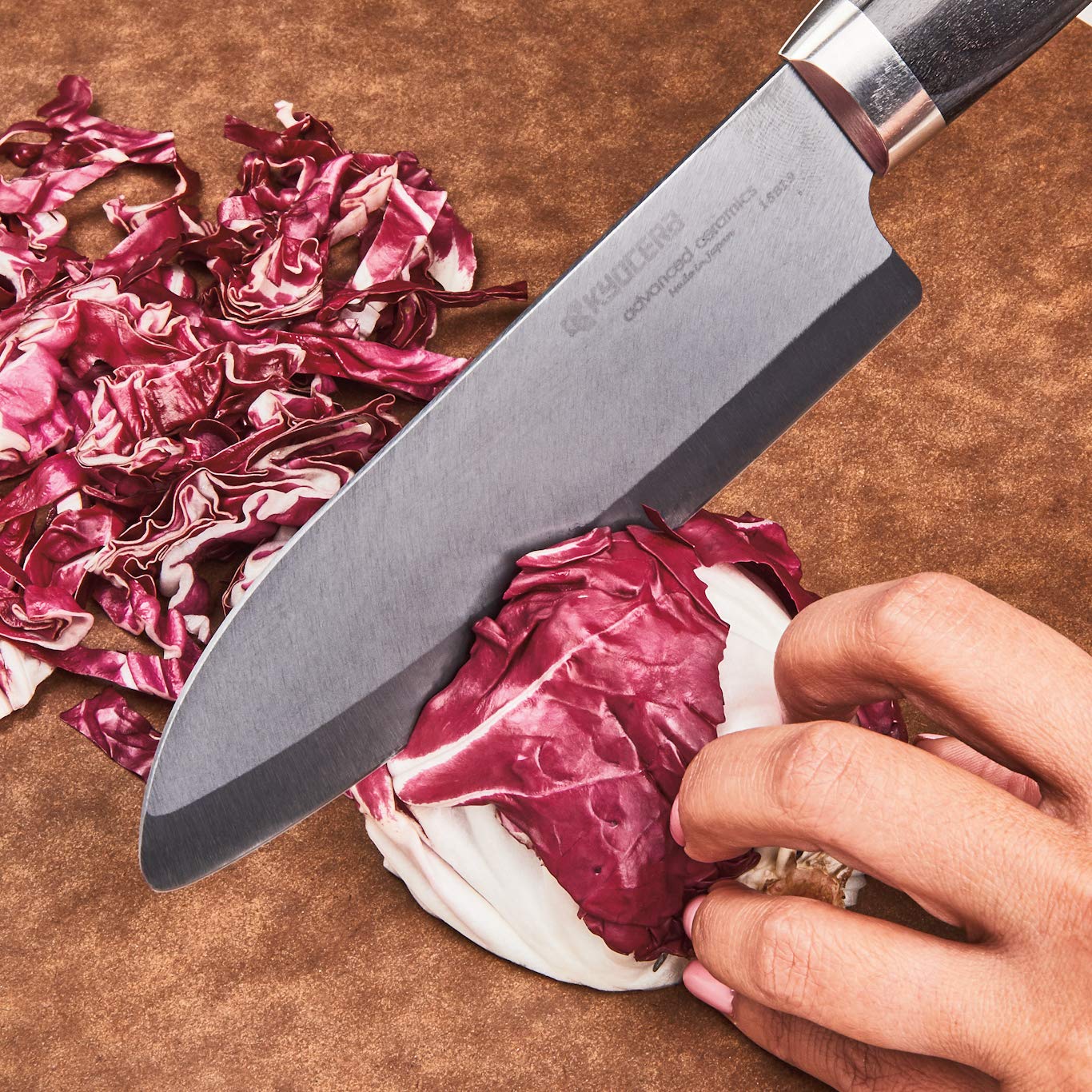 Kyocera Advanced Ceramic LTD Series Santoku Knife with Handcrafted Pakka Wood Handle, 5.5-Inch, Black Blade