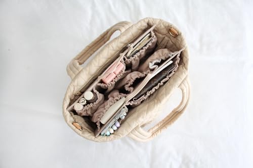 ToteSavvy Original Bag Organizer (14" L x 10" H) - 11 Pocket Tote Insert - For Travel, Work, Baby and More (Original Almond)